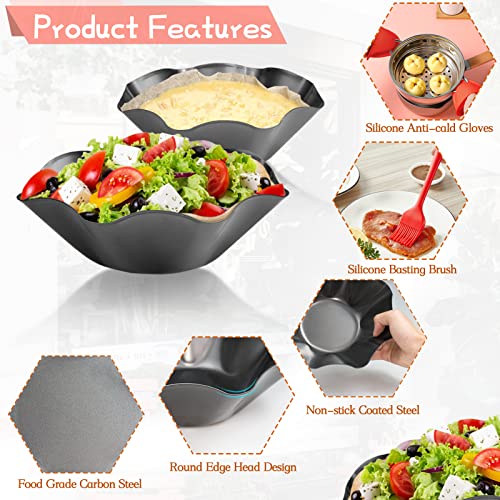 6Pcs Large-Nonstick Tortilla Shell Maker, DSVENROLY 8.4-inch Taco Salad Bowl Pans Makers Set with Silicone Gloves & Basting Brush, Carbon Steel Fluted Tortilla Shell Pan Baking Molds for Kitchen