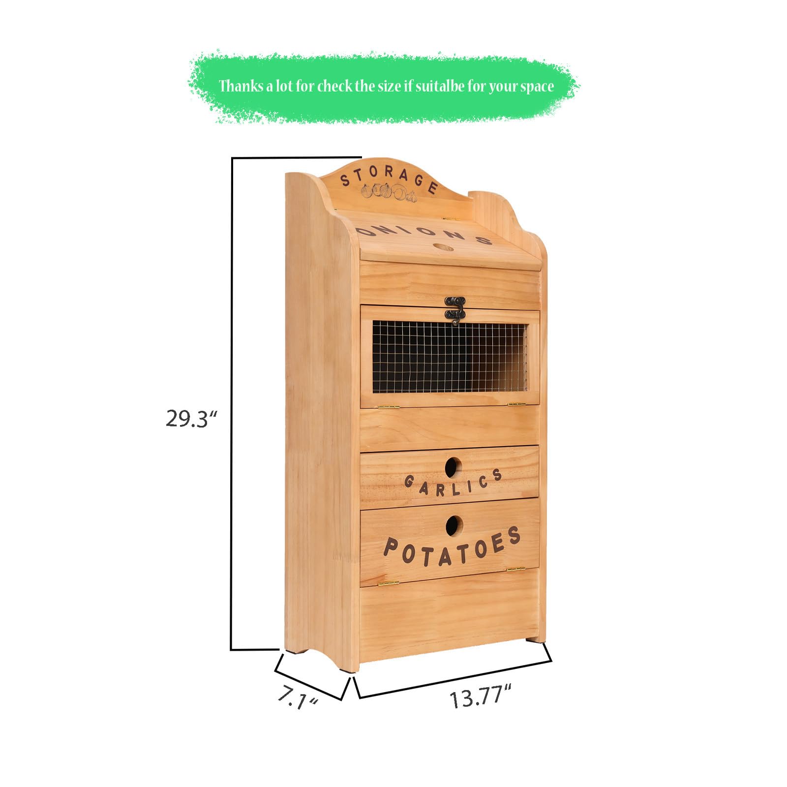 ARTAWEIN Pine Wood Veggie Bin for Potato, Onion and 1 Garlic Drawer Vegetable Box for Kitchen Storage, Solid Wood Vegetable Bin 13.77" L X 7.1" W X 29.3" H (Rustic Brown)