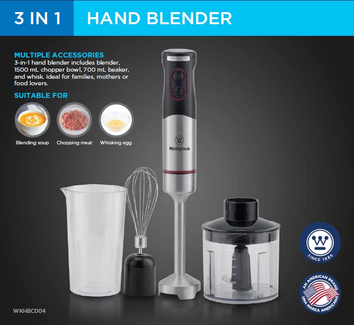 Westinghouse 220 Volt Hand Blender 1000W - 3 in 1 Hand blender includes blending shaft, 500 ml chopper bowl, 700 ml beaker and whisk-220V 240V (Not For Use In USA)