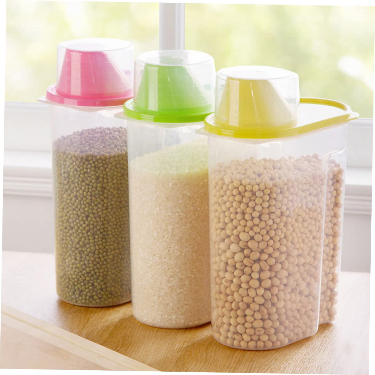 OKUMEYR Airtight Cereal Container with Pour Spout and Measuring Cup Clear Plastic Food Storage Keeper for Rice Grain Oatmeal Sugar Nuts Beans S Yellow