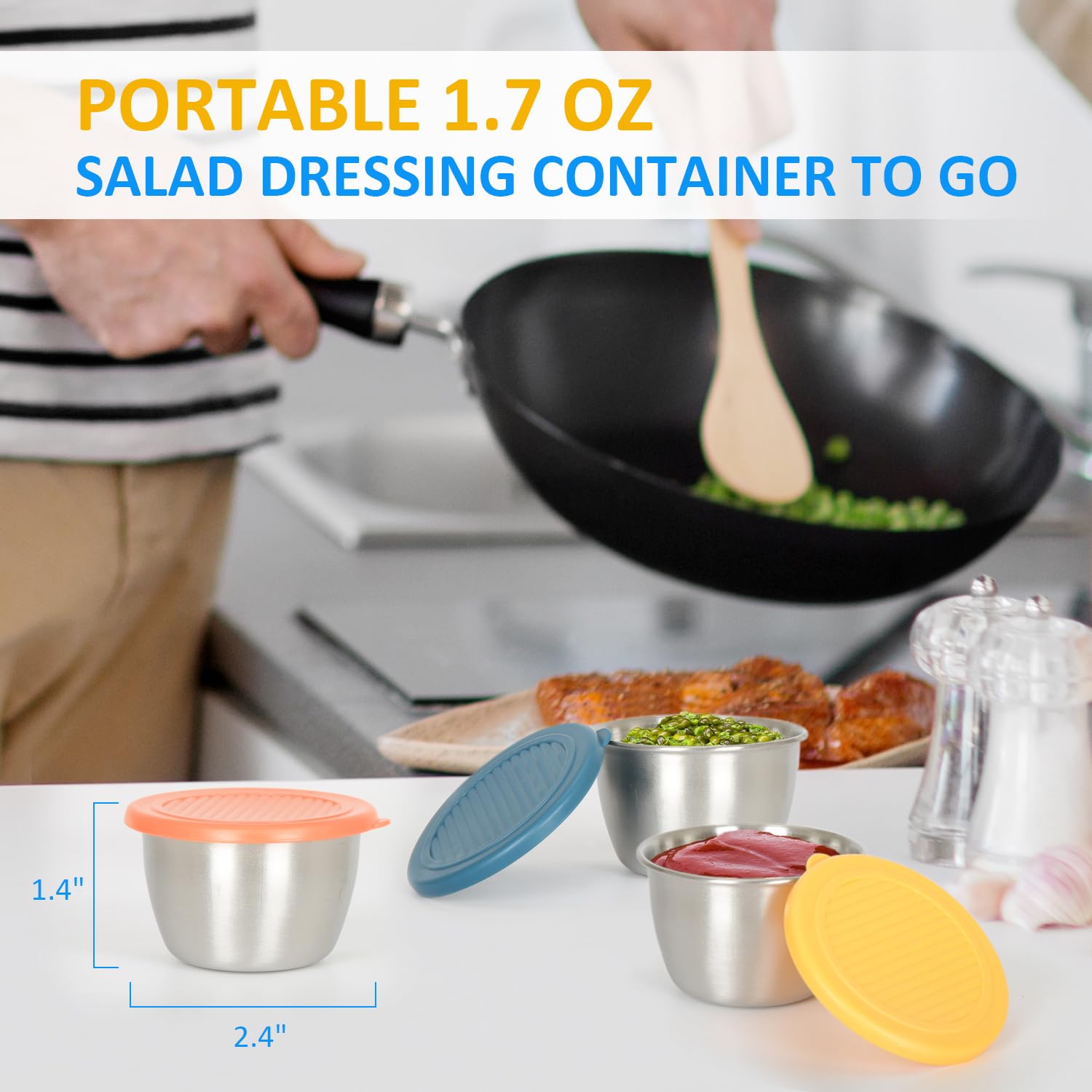 ZORGONS [6 Pack 1.7 oz Salad Dressing Container To Go - Small Condiment Containers with Lids, Reusable Stainless Steel Sauce Cups - Leakproof Silicone Lids for Lunch Bento Box, Picnic and Travel.