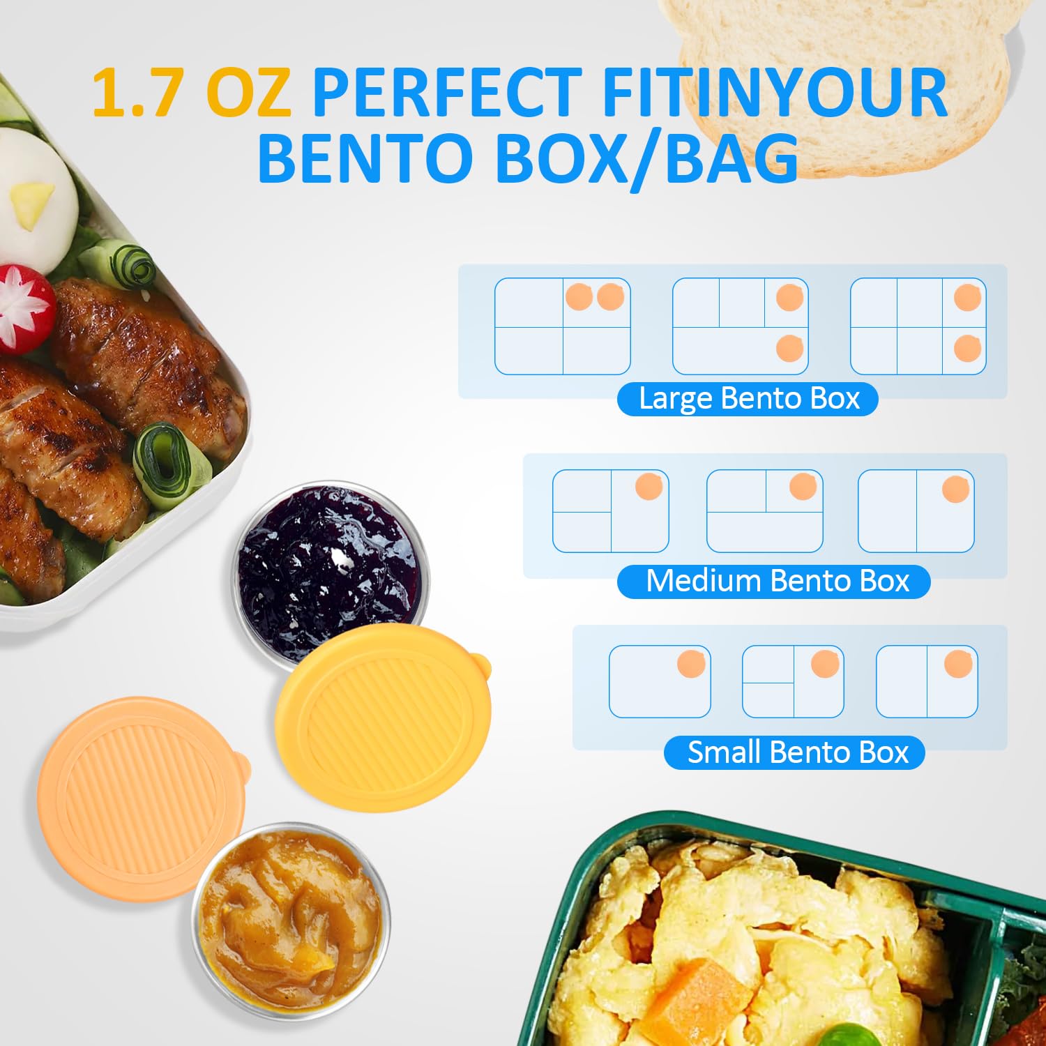 ZORGONS [6 Pack 1.7 oz Salad Dressing Container To Go - Small Condiment Containers with Lids, Reusable Stainless Steel Sauce Cups - Leakproof Silicone Lids for Lunch Bento Box, Picnic and Travel.