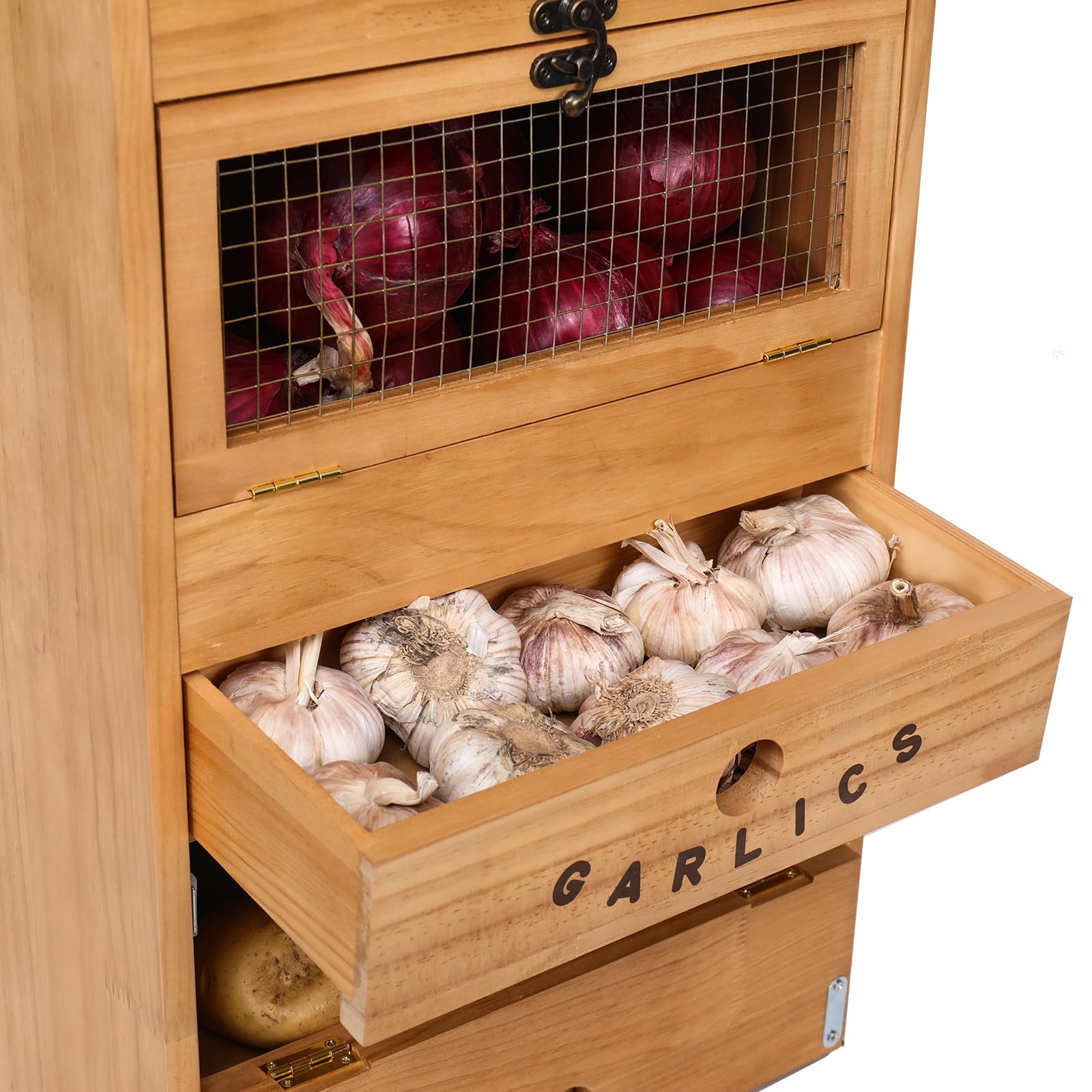 ARTAWEIN Pine Wood Veggie Bin for Potato, Onion and 1 Garlic Drawer Vegetable Box for Kitchen Storage, Solid Wood Vegetable Bin 13.77" L X 7.1" W X 29.3" H (Rustic Brown)