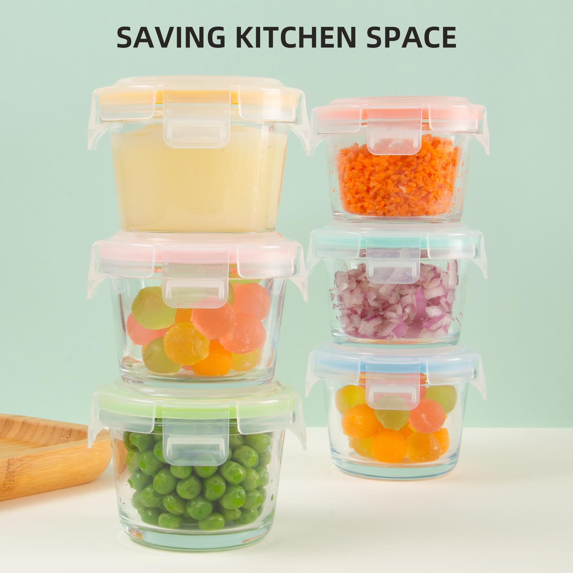 24 Pack Small Glass Containers with Airtight Lids, Food Storage Containers with 6 Color Lids, Glass Food Jars for Snacks, Fruit & Veggie Puree, 4oz