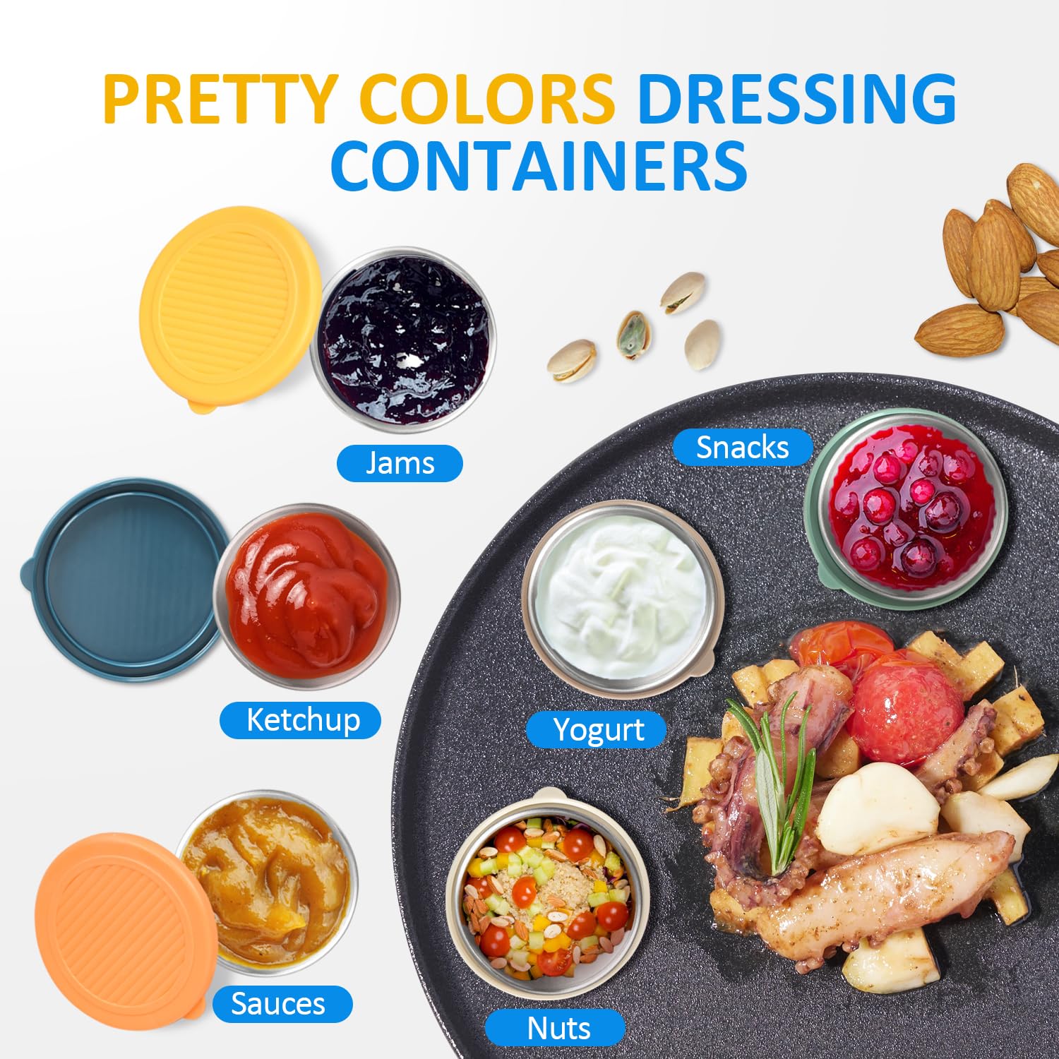 ZORGONS [6 Pack 1.7 oz Salad Dressing Container To Go - Small Condiment Containers with Lids, Reusable Stainless Steel Sauce Cups - Leakproof Silicone Lids for Lunch Bento Box, Picnic and Travel.