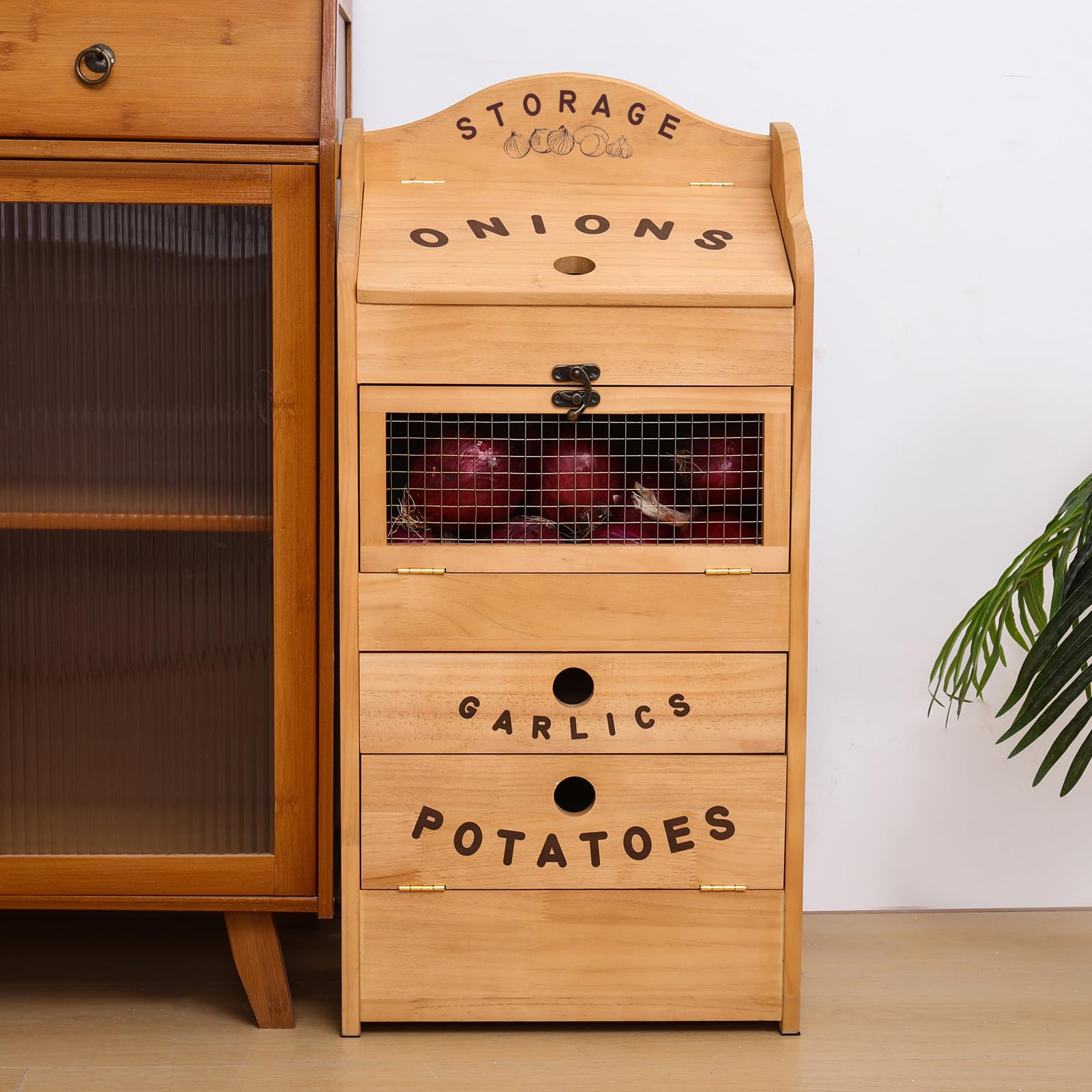 ARTAWEIN Pine Wood Veggie Bin for Potato, Onion and 1 Garlic Drawer Vegetable Box for Kitchen Storage, Solid Wood Vegetable Bin 13.77" L X 7.1" W X 29.3" H (Rustic Brown)
