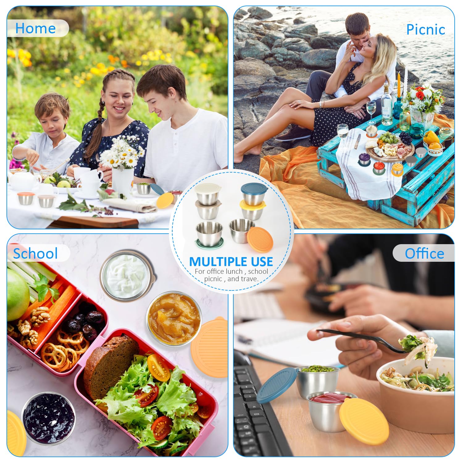 ZORGONS [6 Pack 1.7 oz Salad Dressing Container To Go - Small Condiment Containers with Lids, Reusable Stainless Steel Sauce Cups - Leakproof Silicone Lids for Lunch Bento Box, Picnic and Travel.