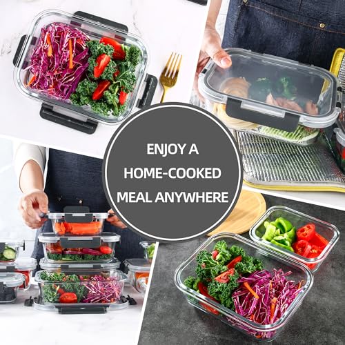 SHYRC Glass Food Storage Containers, 10 Pack Glass Meal Prep Container, Leak Proof, Glass Storage Containers with Lids, Ideal for Food Storage, Lunch, On-the-Go, Leftover - Grey