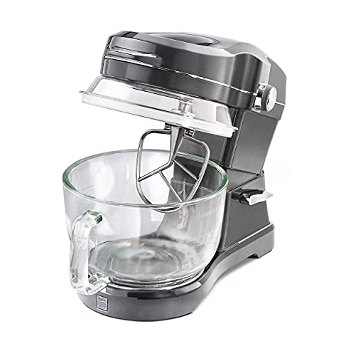 Kenmore Elite Ovation 5 Qt Stand Mixer, 500 Watts, with Revolutionary Pour-In Top, Tilt Head, Flat Beater, Whisk, Dough Hook, 360-degree Splash Guard, Glass Bowl, LED Light, Metallic Grey