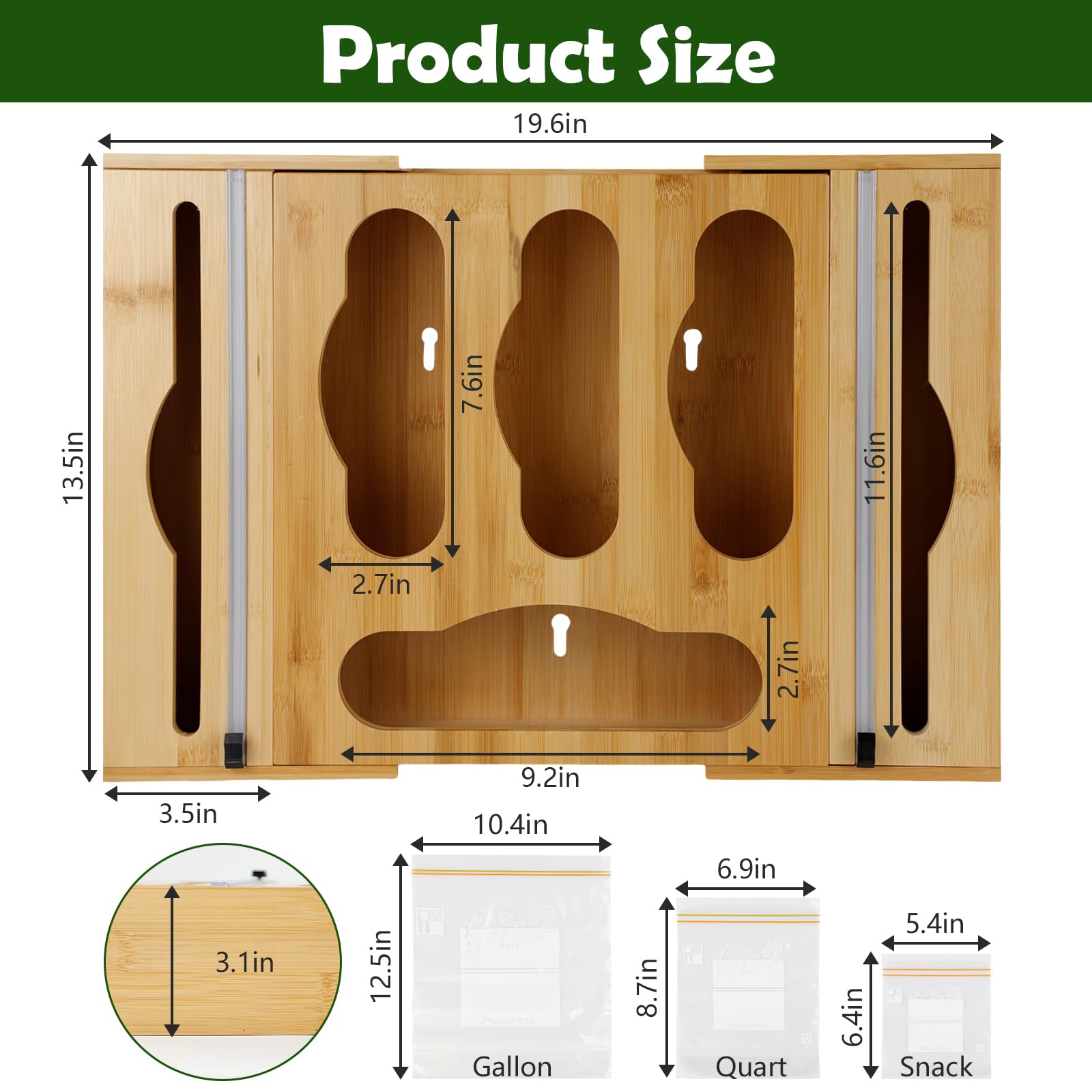 IEMIEBSHA Zip Lock Bag Organizer, 6 in 1 Foil and Plastic Wrap Dispenser with Cutter, Baggie Organizer for Kitchen Drawer, Bamboo Storage Bag Organizer for Gallon Quart Sandwich Snack Bags