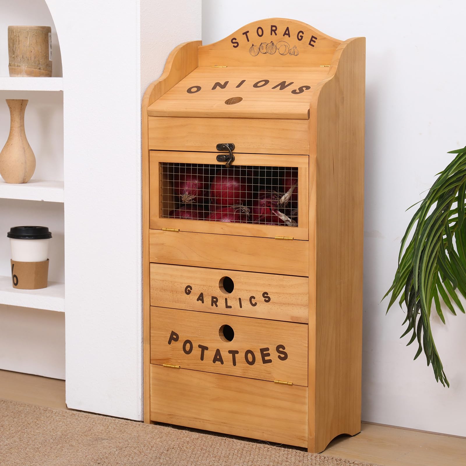 ARTAWEIN Pine Wood Veggie Bin for Potato, Onion and 1 Garlic Drawer Vegetable Box for Kitchen Storage, Solid Wood Vegetable Bin 13.77" L X 7.1" W X 29.3" H (Rustic Brown)