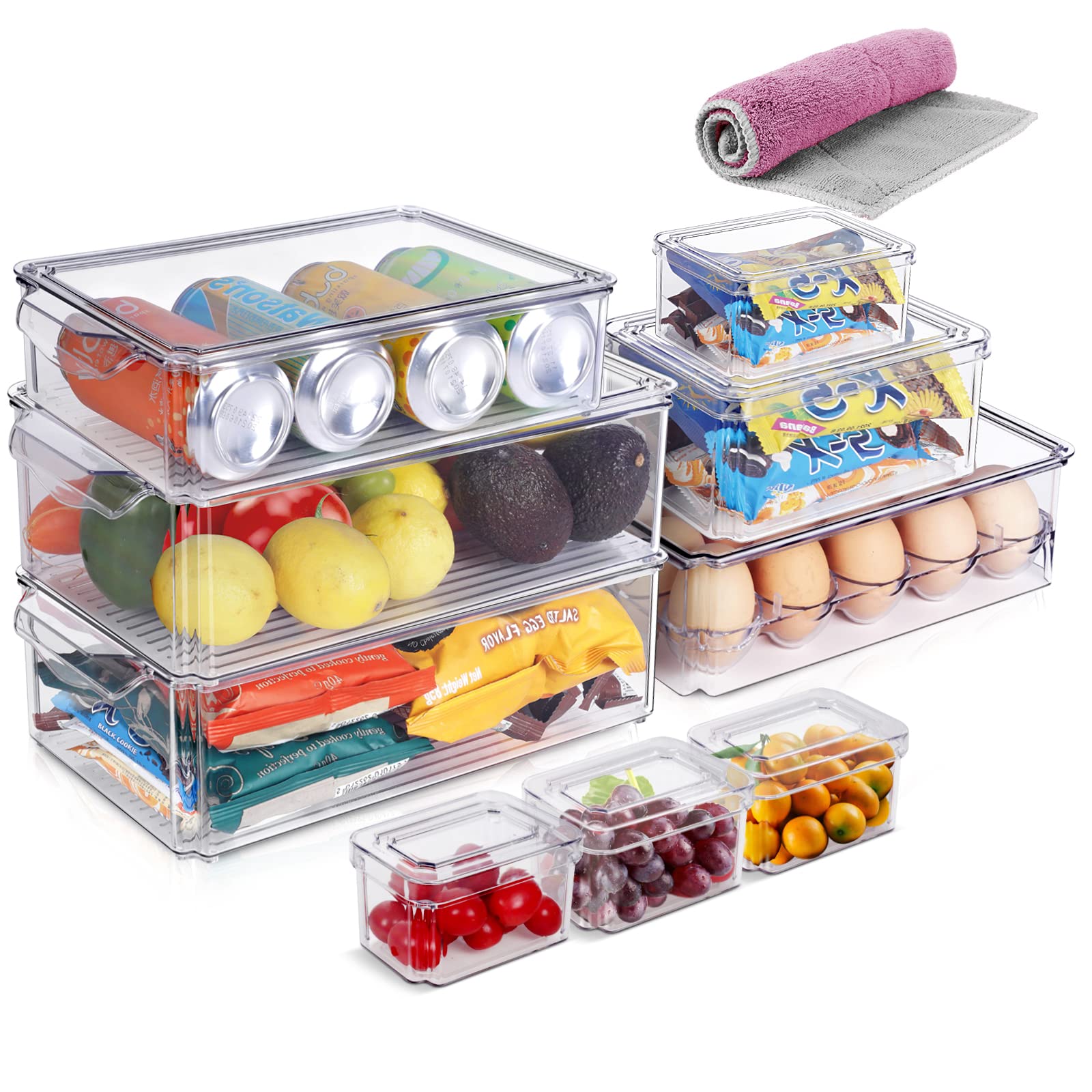 Zvonema ZNM Refrigerator Organizer Bins, 13 Pack Stackable Plastic Fridge Organizers, Storage Clear Bin with Handle for Kitchen, Freezer, Cabinet, Countertops Organization - BPA Free