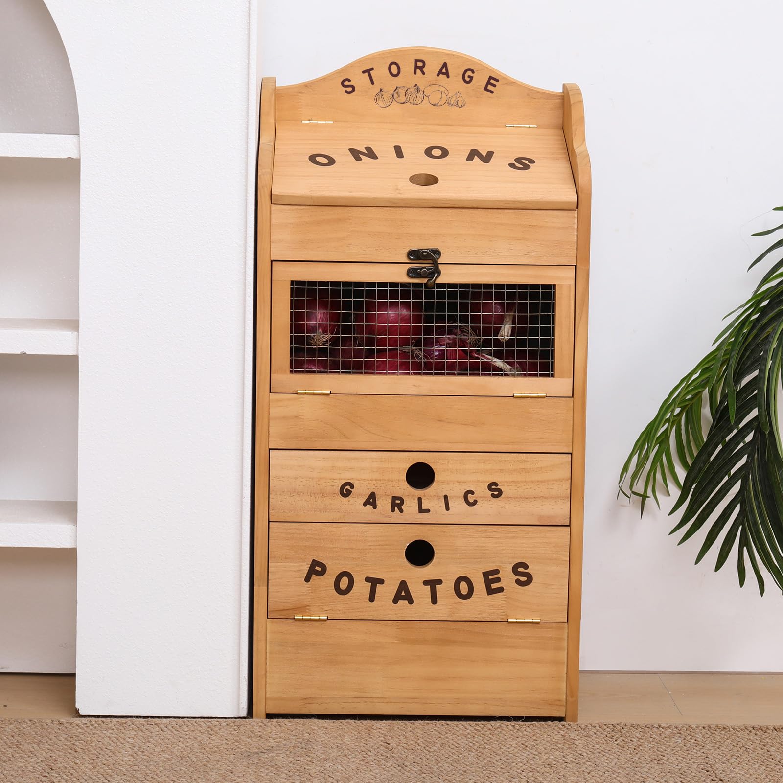 ARTAWEIN Pine Wood Veggie Bin for Potato, Onion and 1 Garlic Drawer Vegetable Box for Kitchen Storage, Solid Wood Vegetable Bin 13.77" L X 7.1" W X 29.3" H (Rustic Brown)