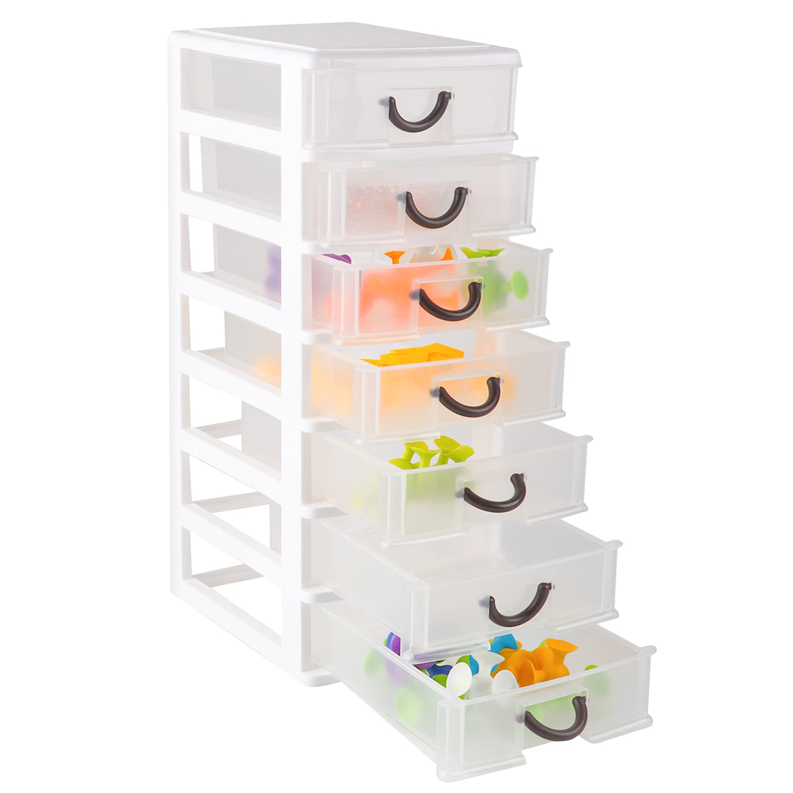 Rempry 7.1"x5.1"x13.2" Mini Organizer Box Storage Container Case with 7 Clear Desktop Drawer Units,White
