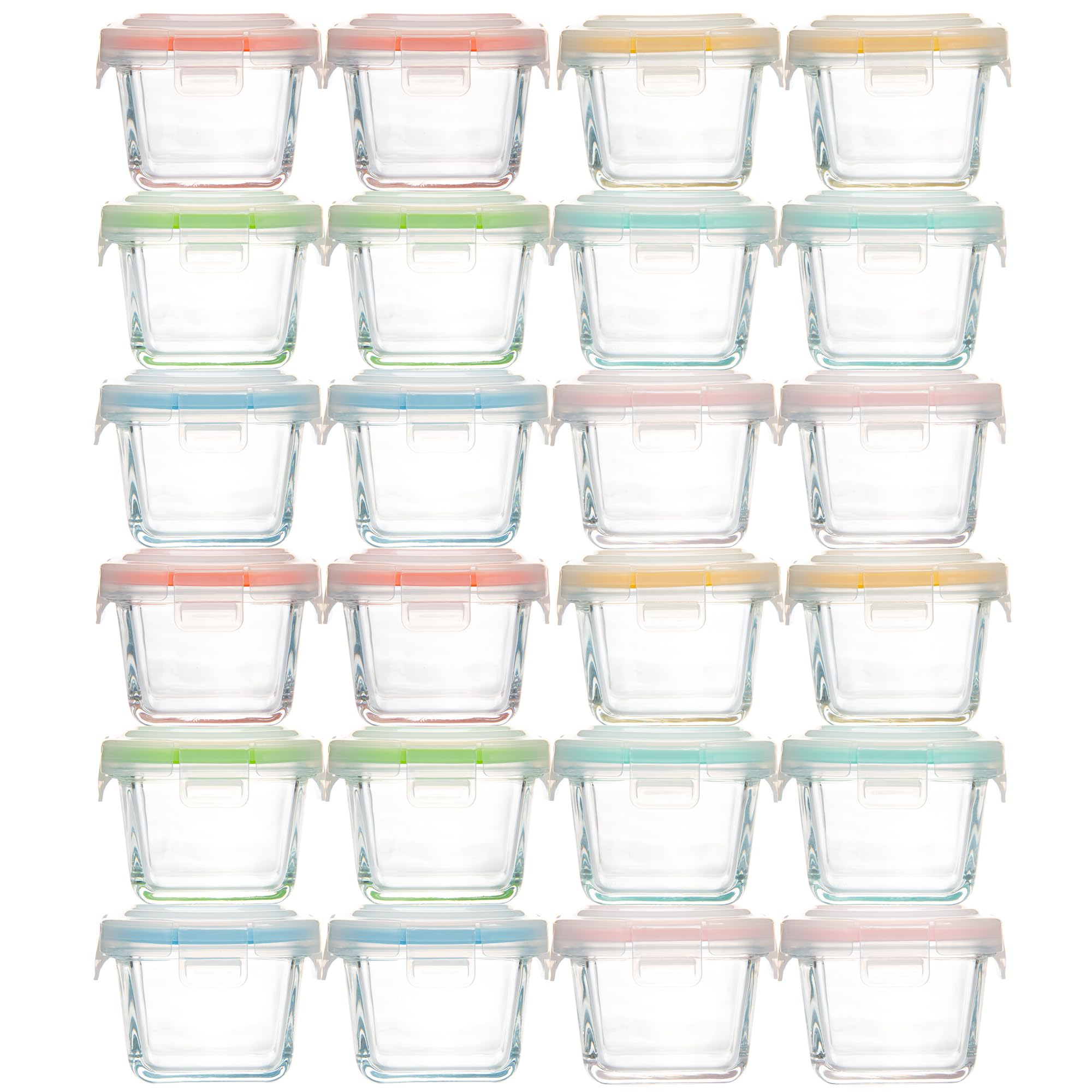 24 Pack Small Glass Containers with Airtight Lids, Food Storage Containers with 6 Color Lids, Glass Food Jars for Snacks, Fruit & Veggie Puree, 4oz