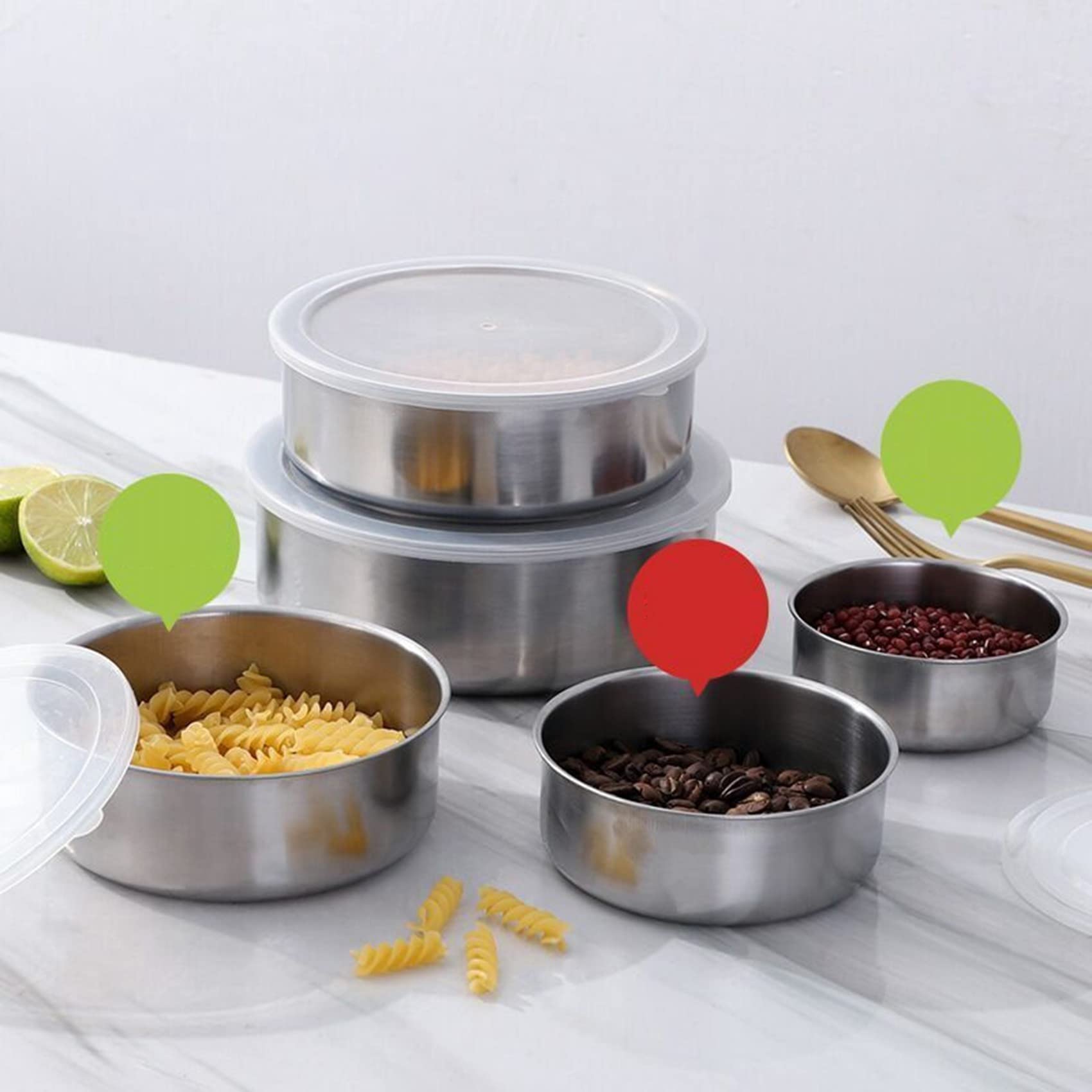 ALOEU Stainless Steel Food Storage Lunch Box Bowls with Lids - Modern, Stackable, Dishwasher Safe - 5 Pack (10cm, 12cm, 14cm, 16cm, 18cm) - FOOD STORAGE CONTAINER