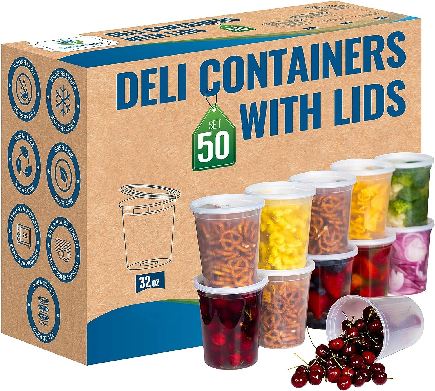 Generic Deli Containers with Lids 32 OZ Microwavable Translucent Clear Plastic Quart Containers with Lids - 50/Case - Durable, Safeware - Ideal for Meal Prep Airtight Lids