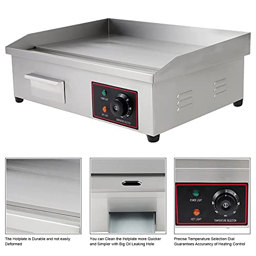 Electric Countertop Flat Top Griddle 3000W 22In Non-Stick Food grade Stainless Steel Commercial Kitchen with Adjustable Temperature Control 122-572℉