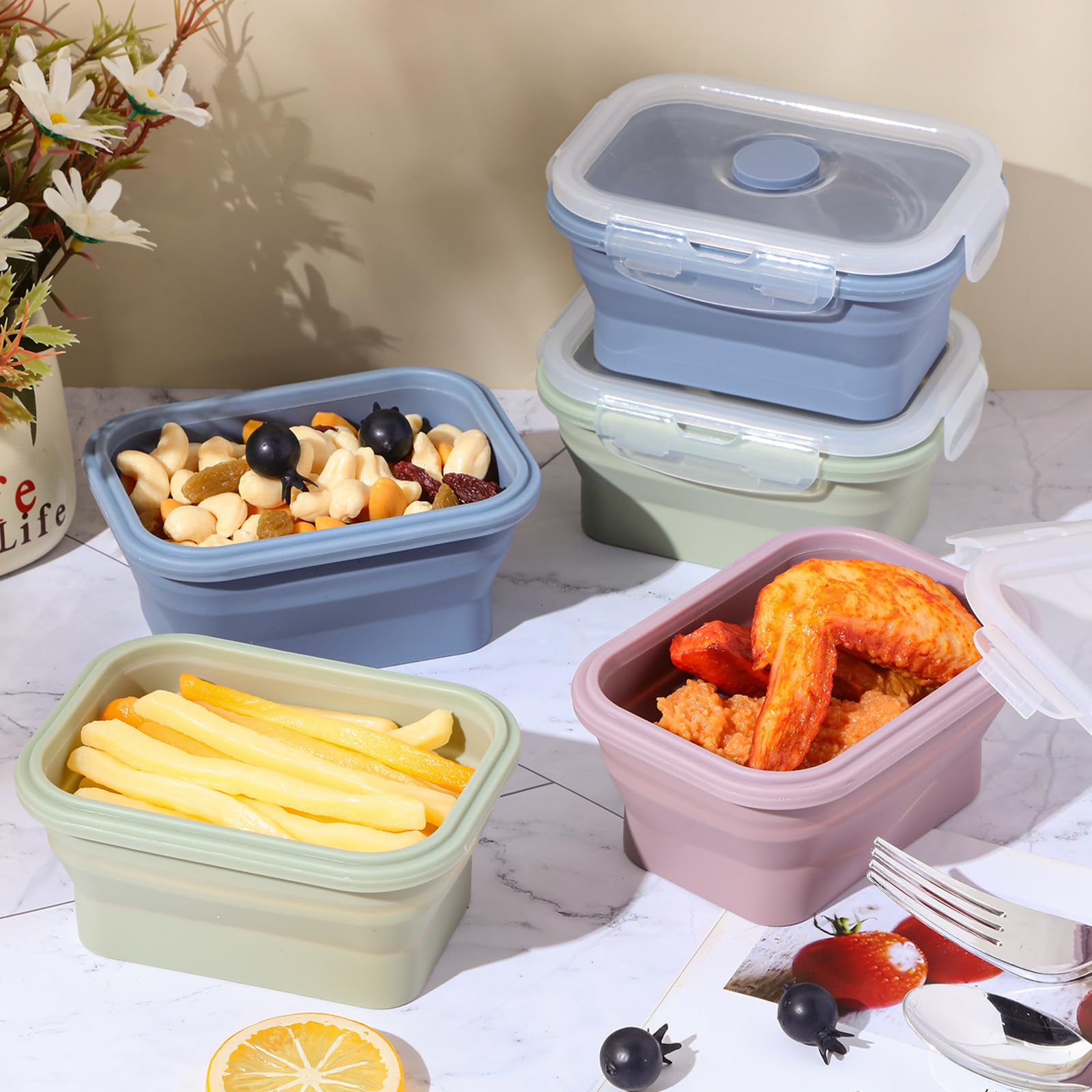 Mifoci 6 Pcs Silicone Food Containers 11.8 oz Collapsible Storage Containers with Airtight Lids Stacking Meal Prep Lunch Leftover Food fruits Storage Foldable Box for Freezer Microwave Dishwasher Safe