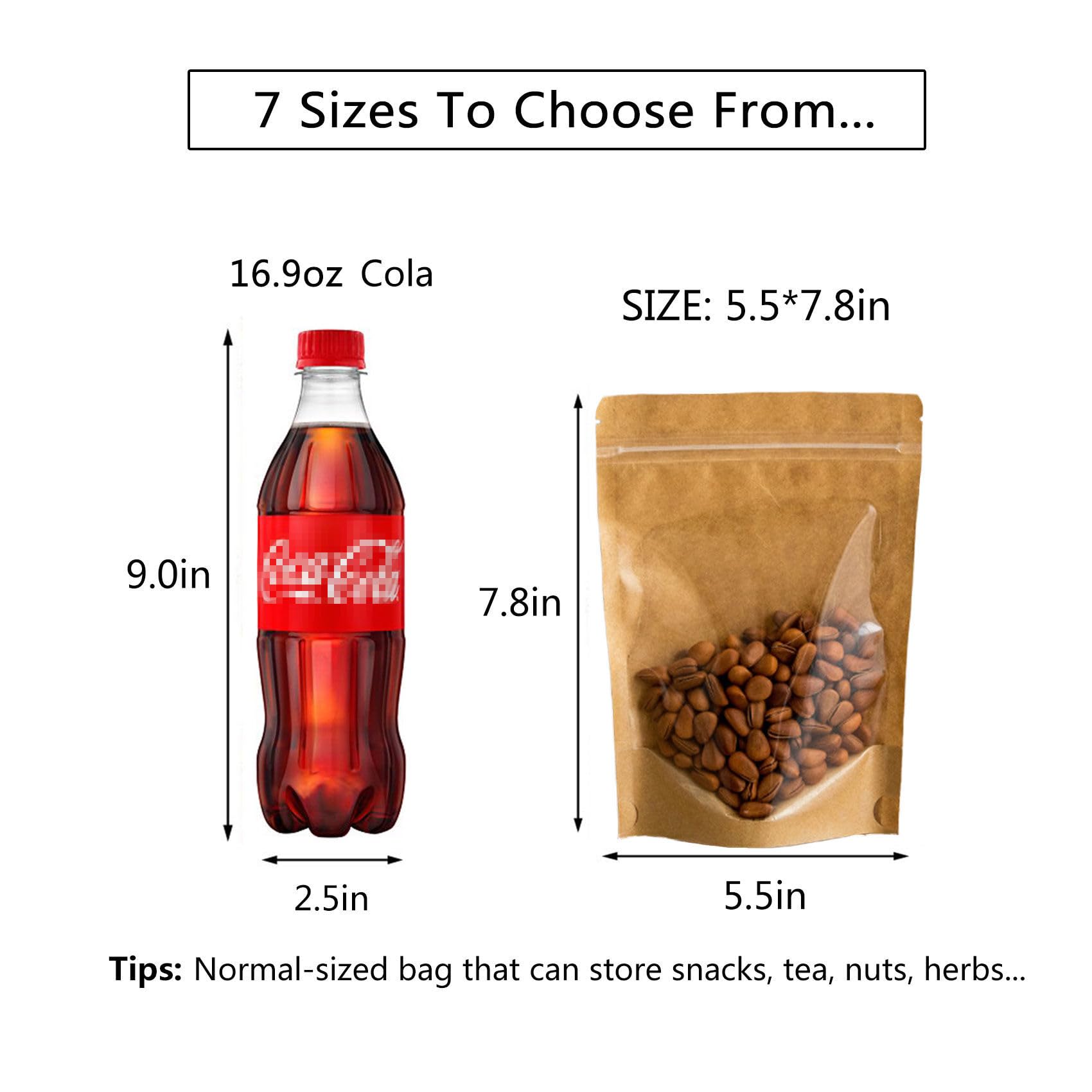 HIBCIGA 100 Pack Kraft Resealable Bags with Clear Front Stand Up Brown Kraft Bags with Window Transparent Bulk Pouches Ziplock Paper Bags 5.5"x7.8"