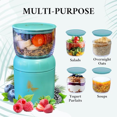 Healthy Habits Parfait Cups with Lids - Insulated Yogurt Containers with Lids - Leak Proof Overnight Oats Containers with Lids - Twist & Lock Salad Container with Spoon and Fork (Turquoise)