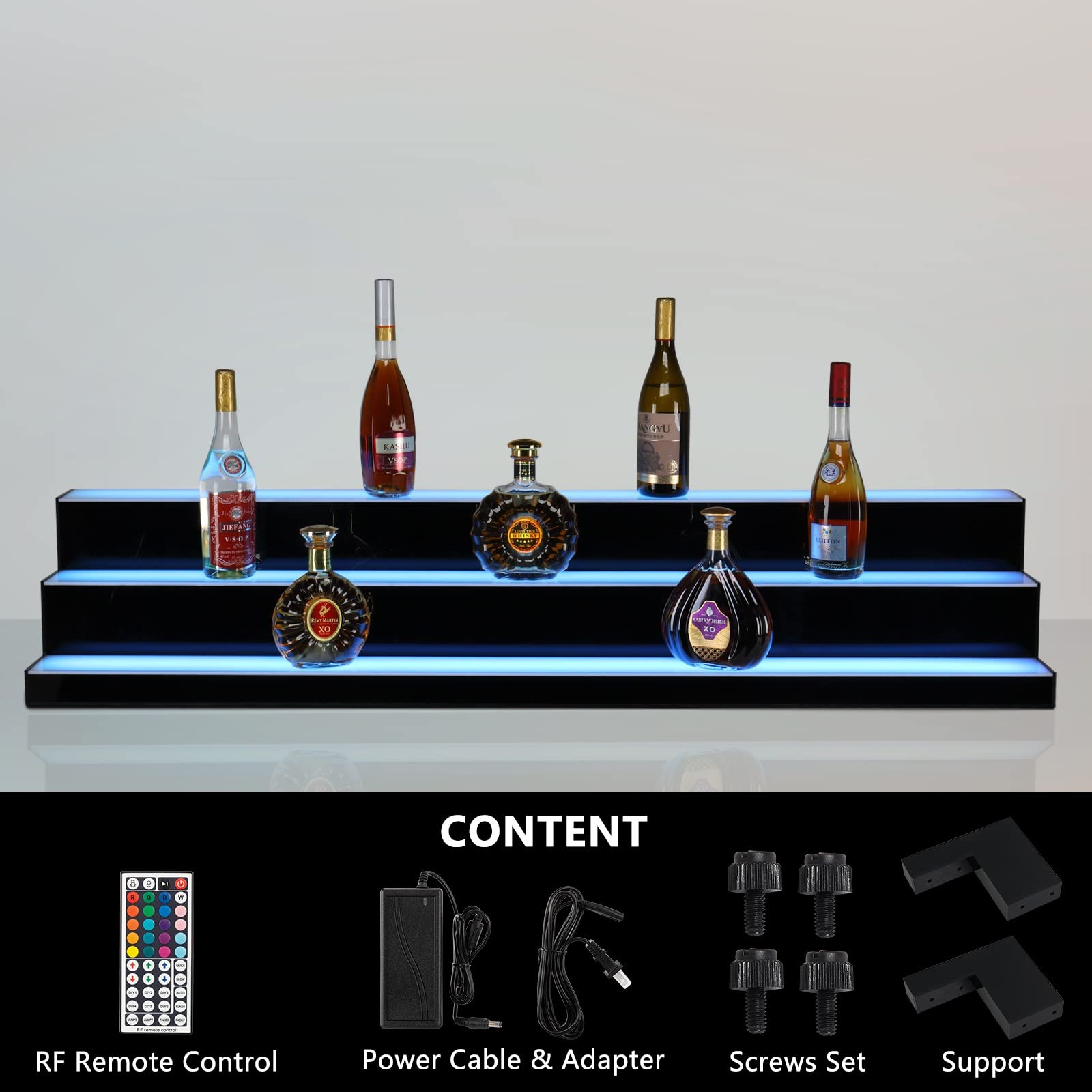 ROVSUN 3 Step 60 Inch LED Lighted Liquor Bottle Display Shelf with Remote Control, Acrylic Lighted Drinks Lighting Shelves Illuminated Bar Shelves for Liquor Bottles Commercial Home Bar Accessories