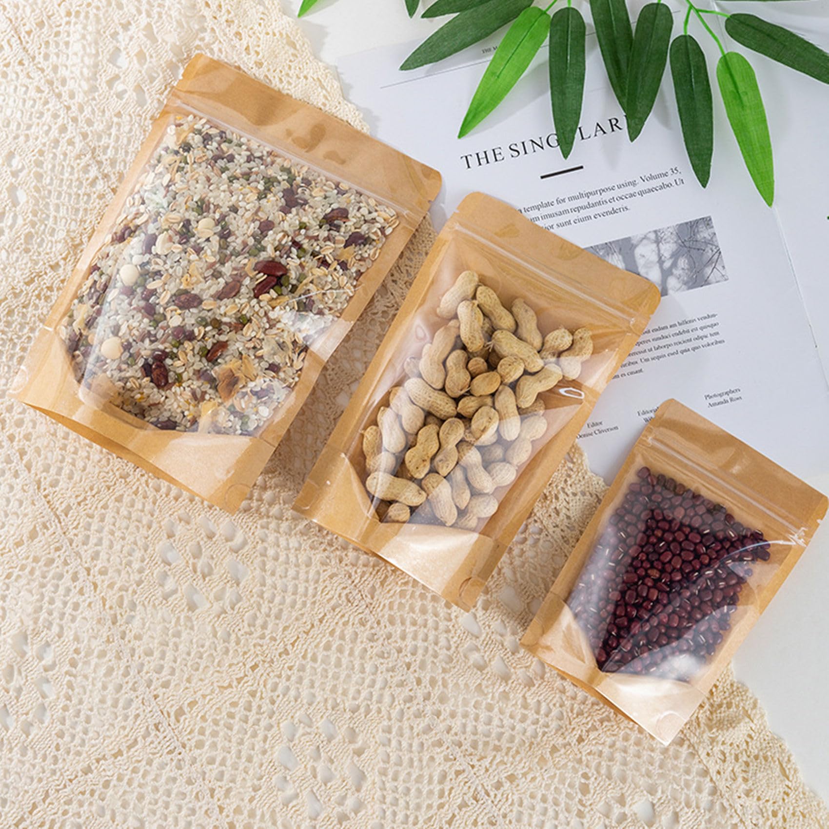 HIBCIGA 100 Pack Kraft Resealable Bags with Clear Front Stand Up Brown Kraft Bags with Window Transparent Bulk Pouches Ziplock Paper Bags 5.5"x7.8"