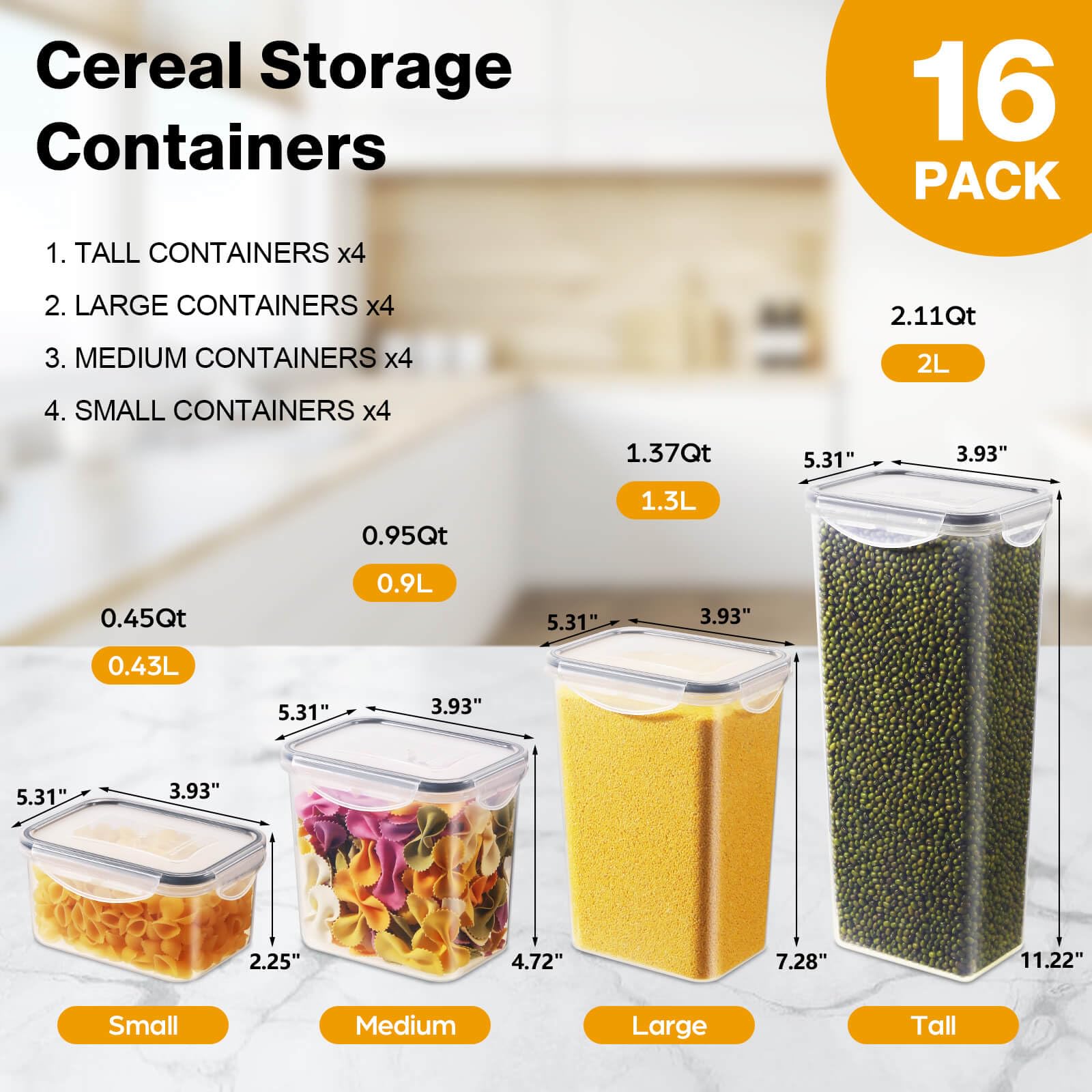 YASHE Airtight Pantry Storage Containers Set of 16, BPA Free Plastic Food Storage for Cereal, Pasta and Snacks, Stackable Kitchen Organizer with Labels, Marker & Measuring Cups