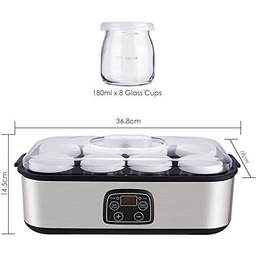 Yogurt maker, Automatic Digital Yogurt Maker Machine with LCD Display, 8 Glass Jars 48 Ozs, Stainless Steel Design,Auto Temp Control