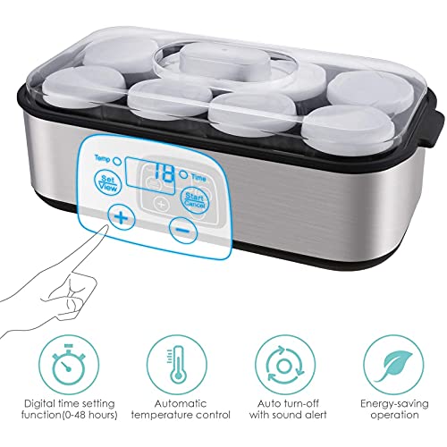 Yogurt maker, Automatic Digital Yogurt Maker Machine with LCD Display, 8 Glass Jars 48 Ozs, Stainless Steel Design,Auto Temp Control