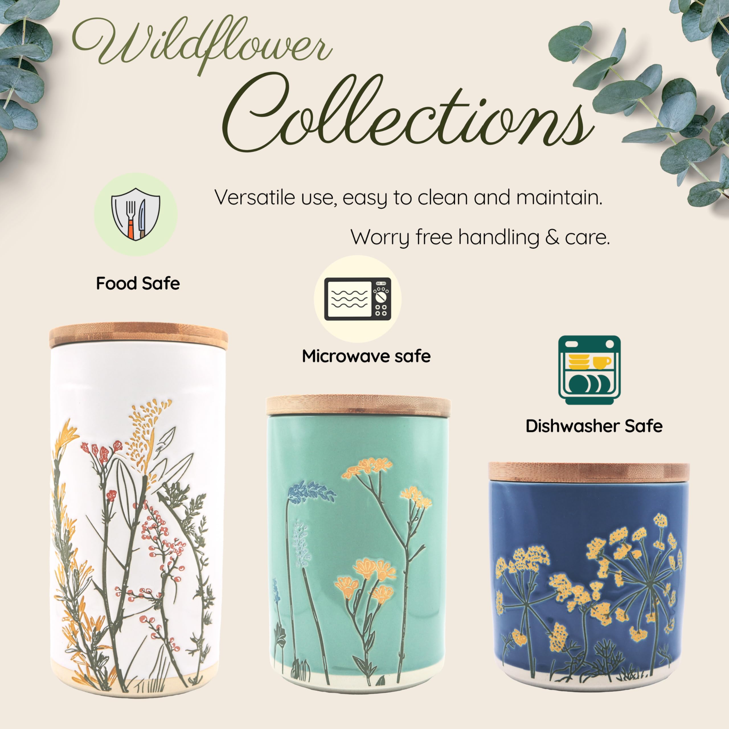 Cookspire 3-pc Porcelain Canister Set - Kitchen Storage Containers for Coffee, Sugar, Spice and Dry Food, Airtight containers, Versatile Sizes - White 8.3", Green 6.9", Blue 4.7"; Ideal Gift Set