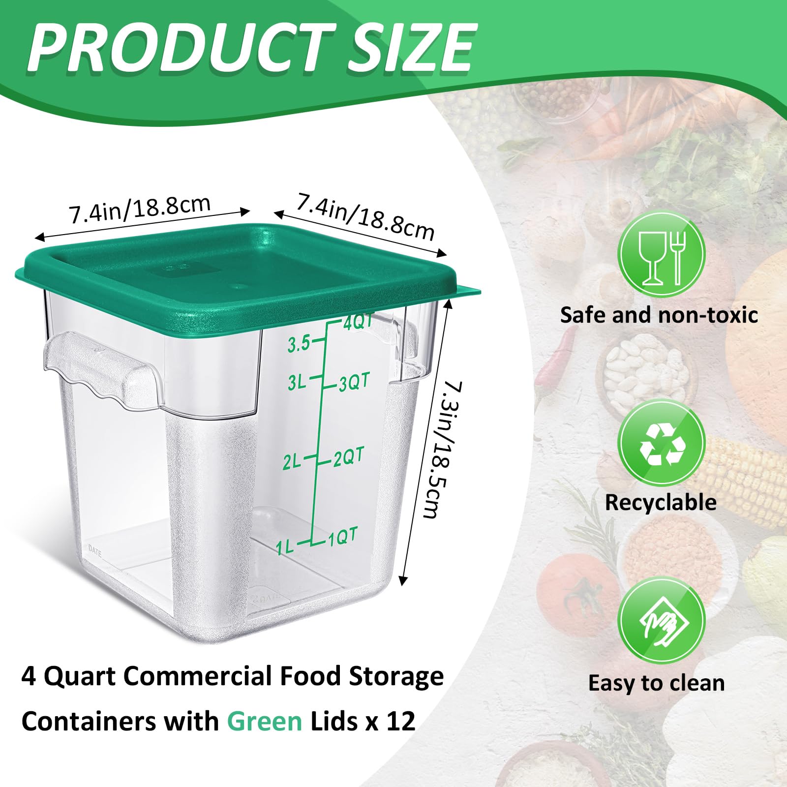Yungyan 12 Pcs 4 Qt Commercial Food Storage Containers with Lids Restaurant Square Airtight Food Storage Containers Clear Cereal Containers for Kitchen Freezer Dishwasher Pantry(Green Lid)