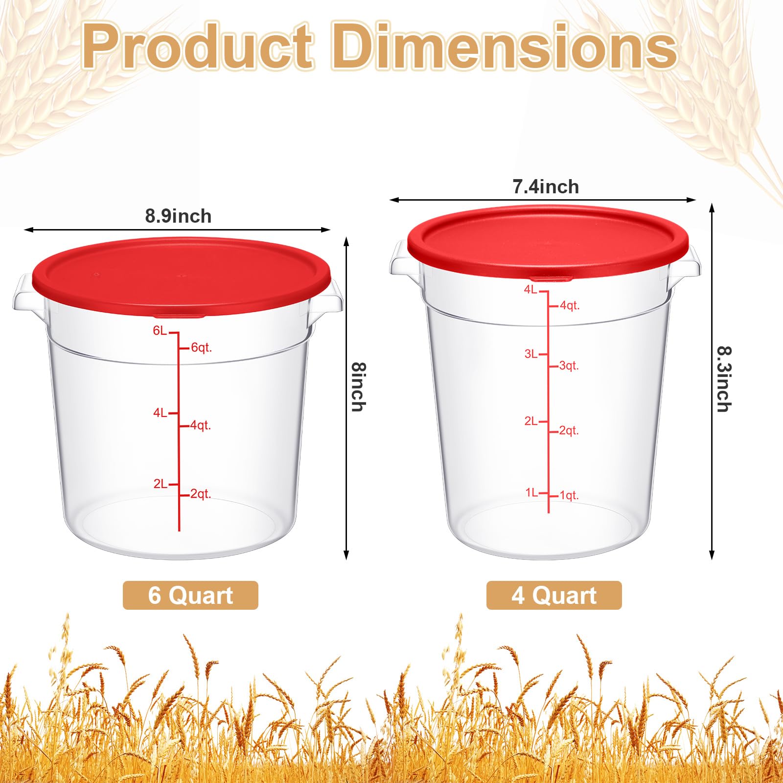 Suclain 4 Set 6 Quart 4 Qt Round Food Storage Containers with Lids Clear Proofing Container for Dough Bread with Scale Handle Home Restaurant Commercial Food Storage(Red)