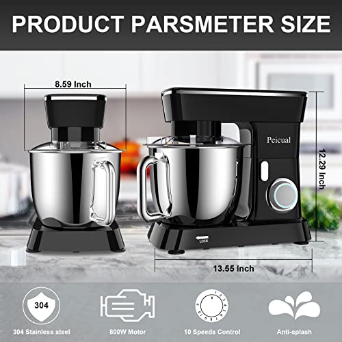 Upgraded Household Stand Mixer for Peicual 800W 10+P Speed High-Performance Tilt-Head Electric Kitchen Mixer 5.5Qt Stainless Steel Bowl with Dough Hook Flat Beater Wire Whisk & Splash Guard - Black