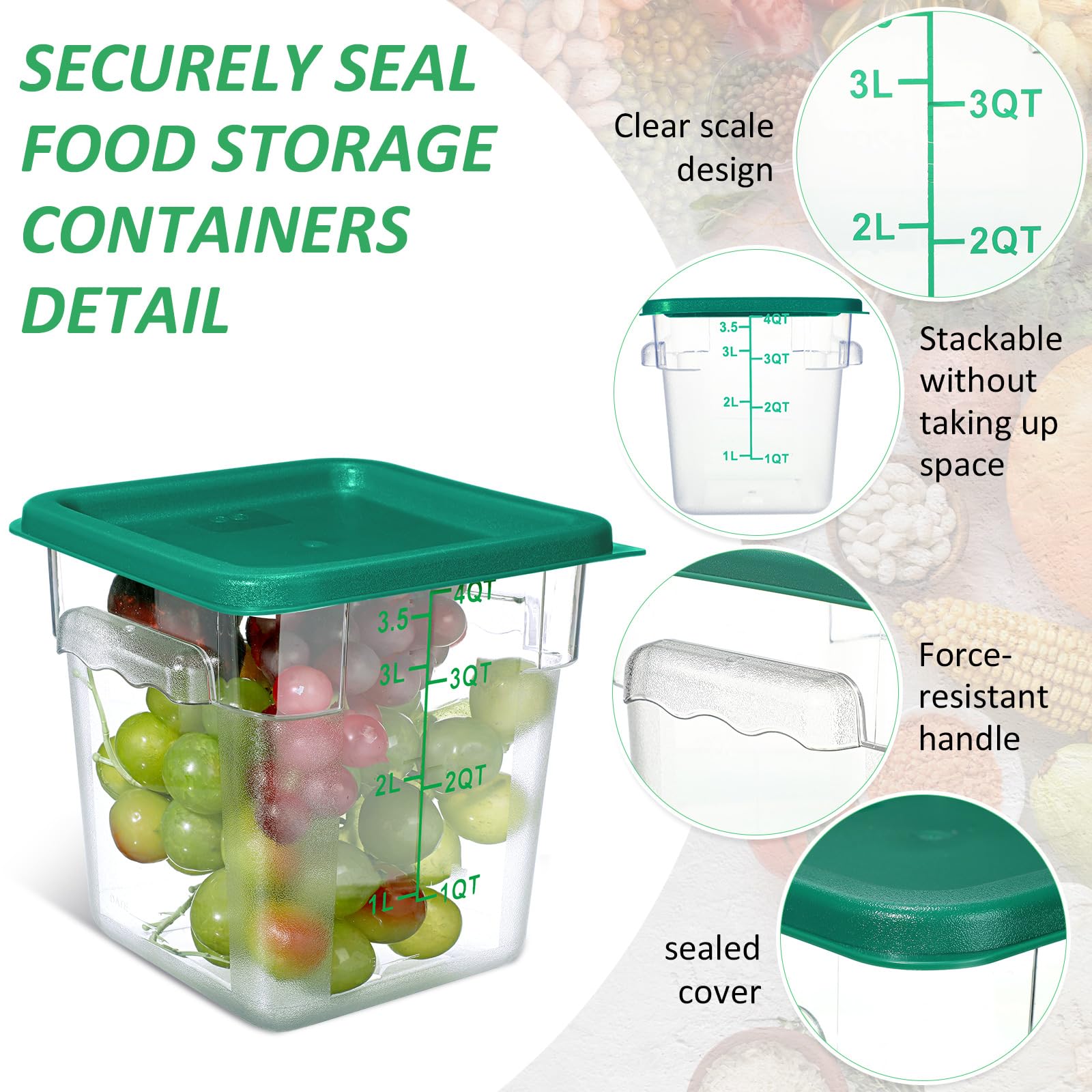 Yungyan 12 Pcs 4 Qt Commercial Food Storage Containers with Lids Restaurant Square Airtight Food Storage Containers Clear Cereal Containers for Kitchen Freezer Dishwasher Pantry(Green Lid)