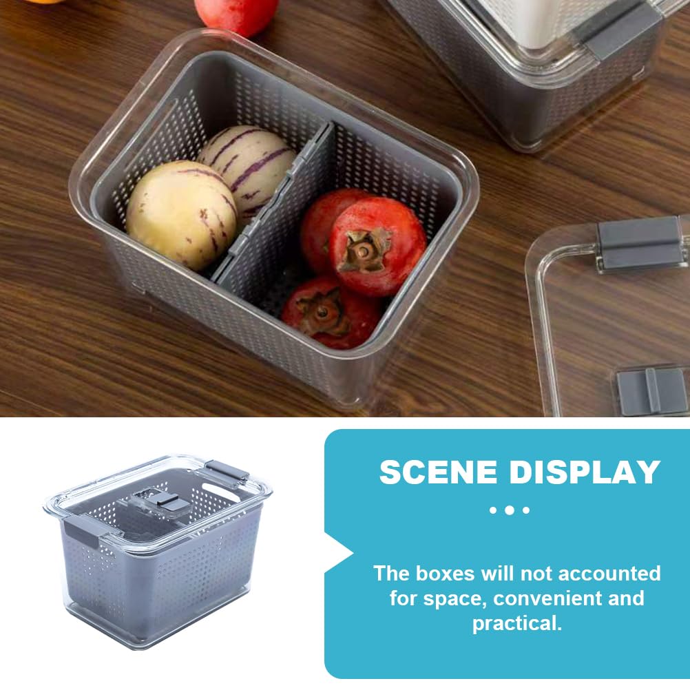 Cabilock Vegetable Fruit Storage Containers, Fresh Draining Basket, Box Refrigerator Crisper Fruit Fresh Containers Dual-Layer Food Storage Bin with Breathable Valve for Fridge, Dark Grey