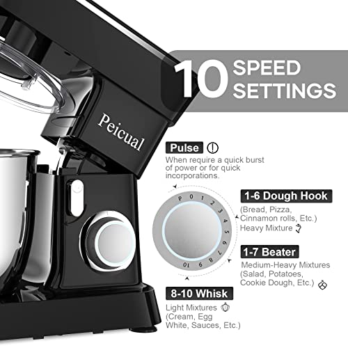 Upgraded Household Stand Mixer for Peicual 800W 10+P Speed High-Performance Tilt-Head Electric Kitchen Mixer 5.5Qt Stainless Steel Bowl with Dough Hook Flat Beater Wire Whisk & Splash Guard - Black