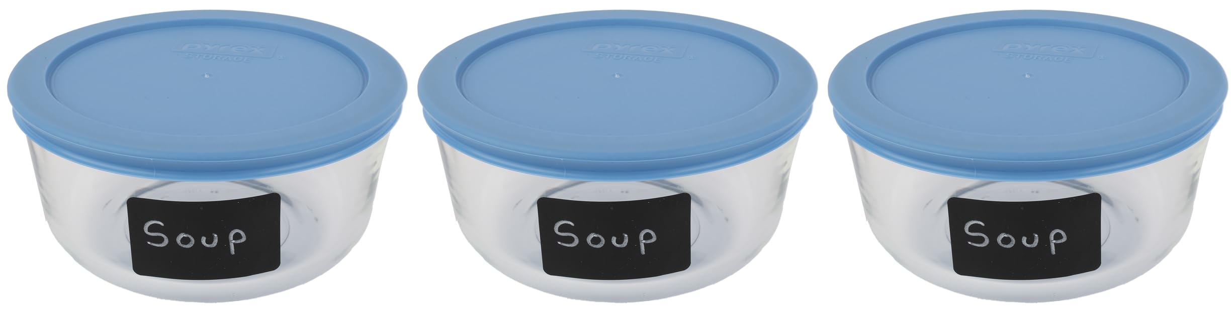 Utensilux Bundle of Pyrex Glass Storage Containers with Lids, Pyrex 4 Cup With Airforce Blue Lids Pack of 3, With Chalkboard Labels With Chalk Pen