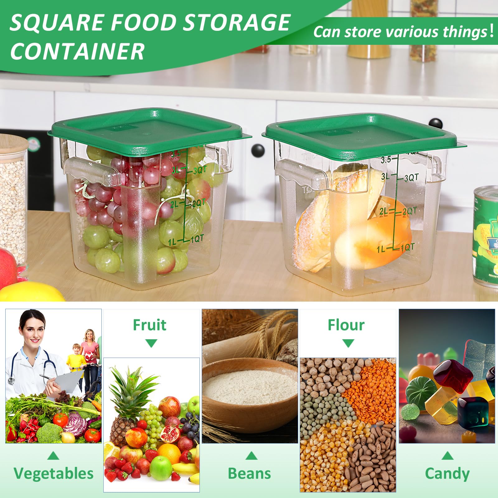 Yungyan 12 Pcs 4 Qt Commercial Food Storage Containers with Lids Restaurant Square Airtight Food Storage Containers Clear Cereal Containers for Kitchen Freezer Dishwasher Pantry(Green Lid)