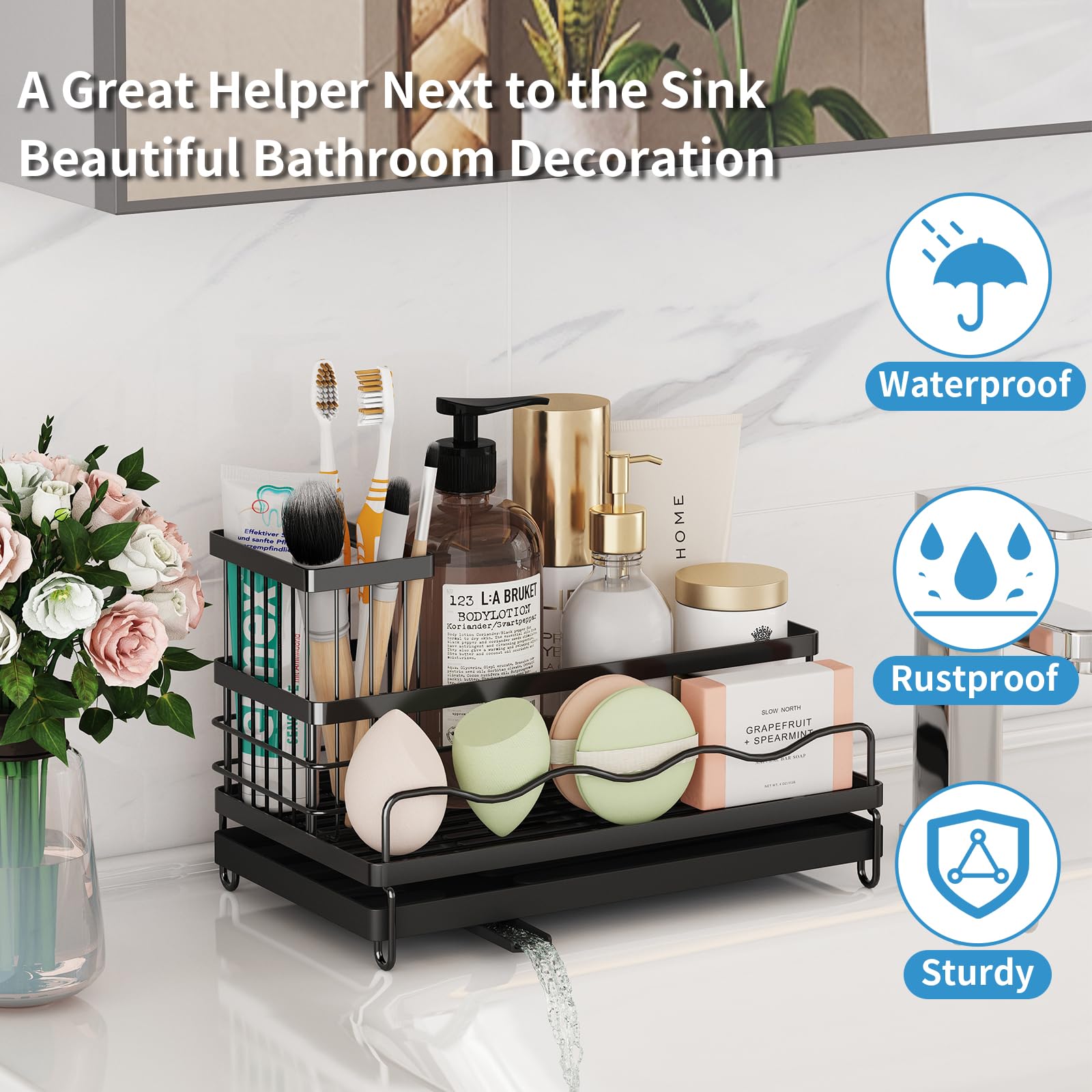 Godboat Kitchen Sink Organizer - 201 Stainless Steel Sink Caddy with Dish Brush Holder, Sponge Holder with Auto-Drain, 360° Swivel Spout, Kitchen Gadgets and Decor for Tiny Home, Gifts for Women, Mom