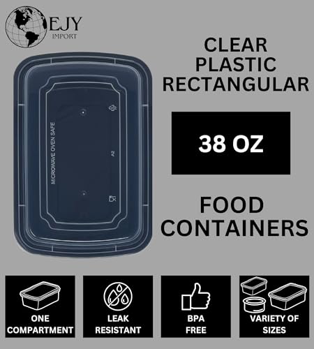 EJY IMPORT Rectangular And Round Meal Prep Food Containers with Lids - Stackable - Dishwasher/Microwave/Freezer Safe - One Compartment Box - Reusable Storage - 50 Sets (38 OZ - 50 SETS - RECTANGLE)