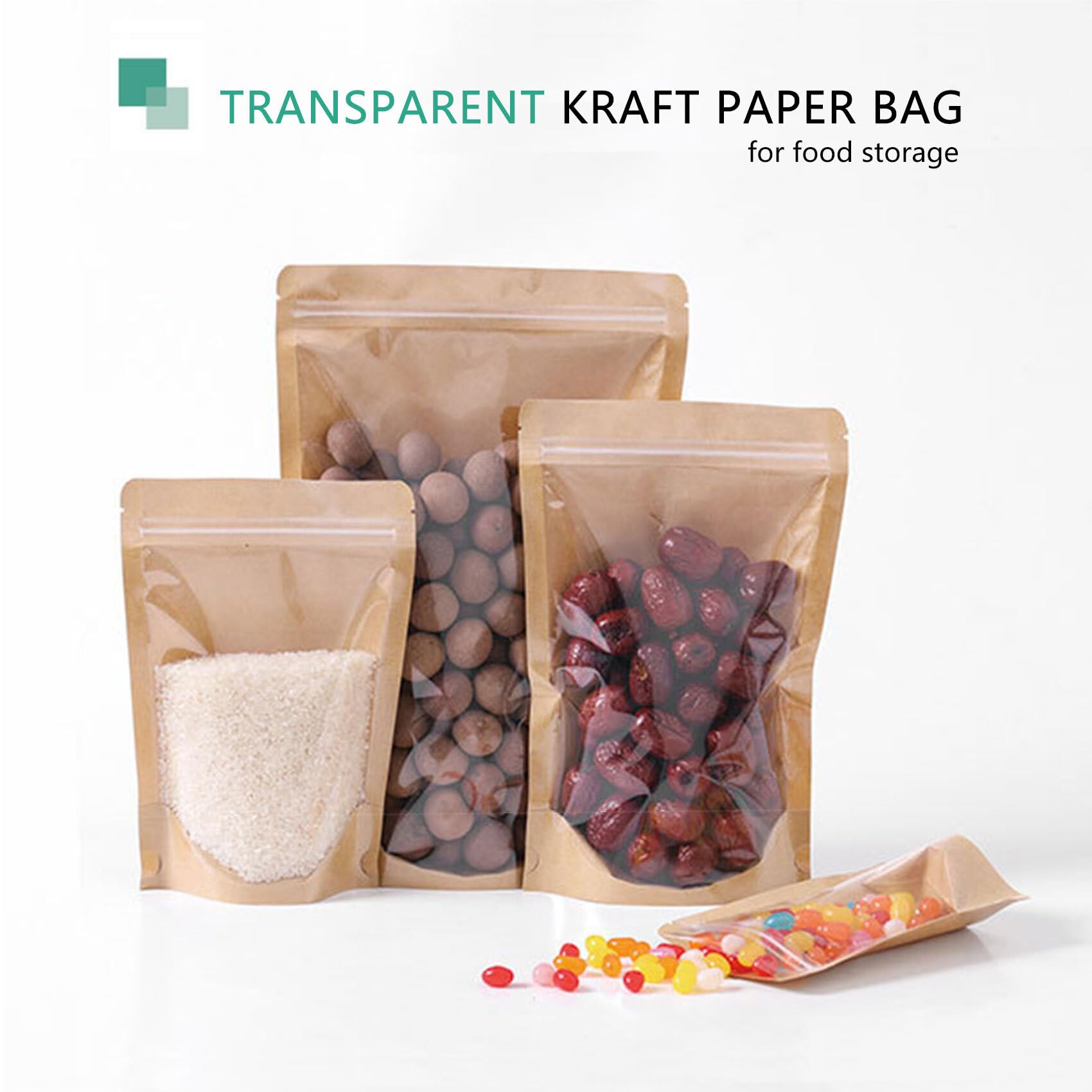 50pcs Kraft Bags With Window Clear Fornt Pouches Resealable Stand Up Zip Lock Food Storage Bags Brown 10"x14"