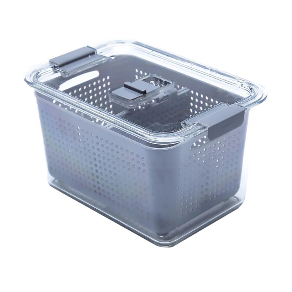 Cabilock Vegetable Fruit Storage Containers, Fresh Draining Basket, Box Refrigerator Crisper Fruit Fresh Containers Dual-Layer Food Storage Bin with Breathable Valve for Fridge, Dark Grey
