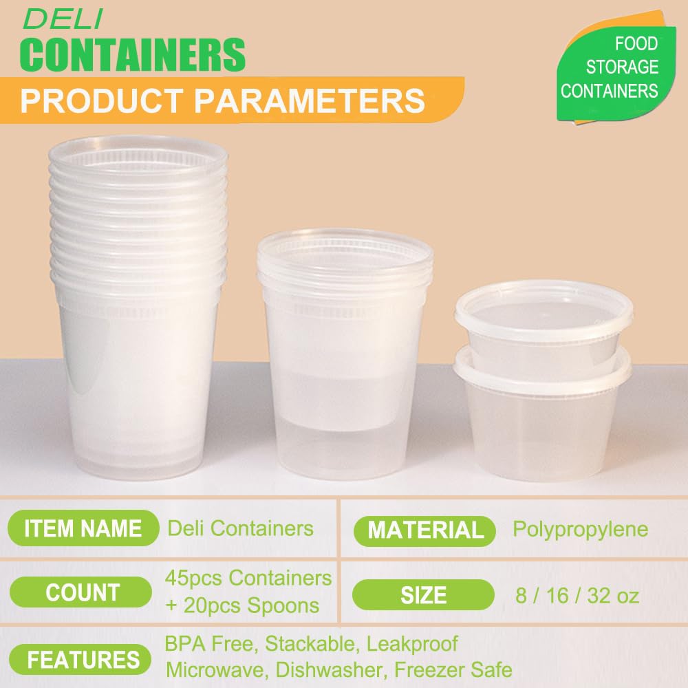 [65 Sets, 3 Sizes] Food Storage Containers with Lids, 8oz, 16oz, 32oz Plastic Deli Containers with Airtight Lids and Spoons, BPA Free, Stackable, Leakproof, Microwave | Dishwasher | Freezer Safe