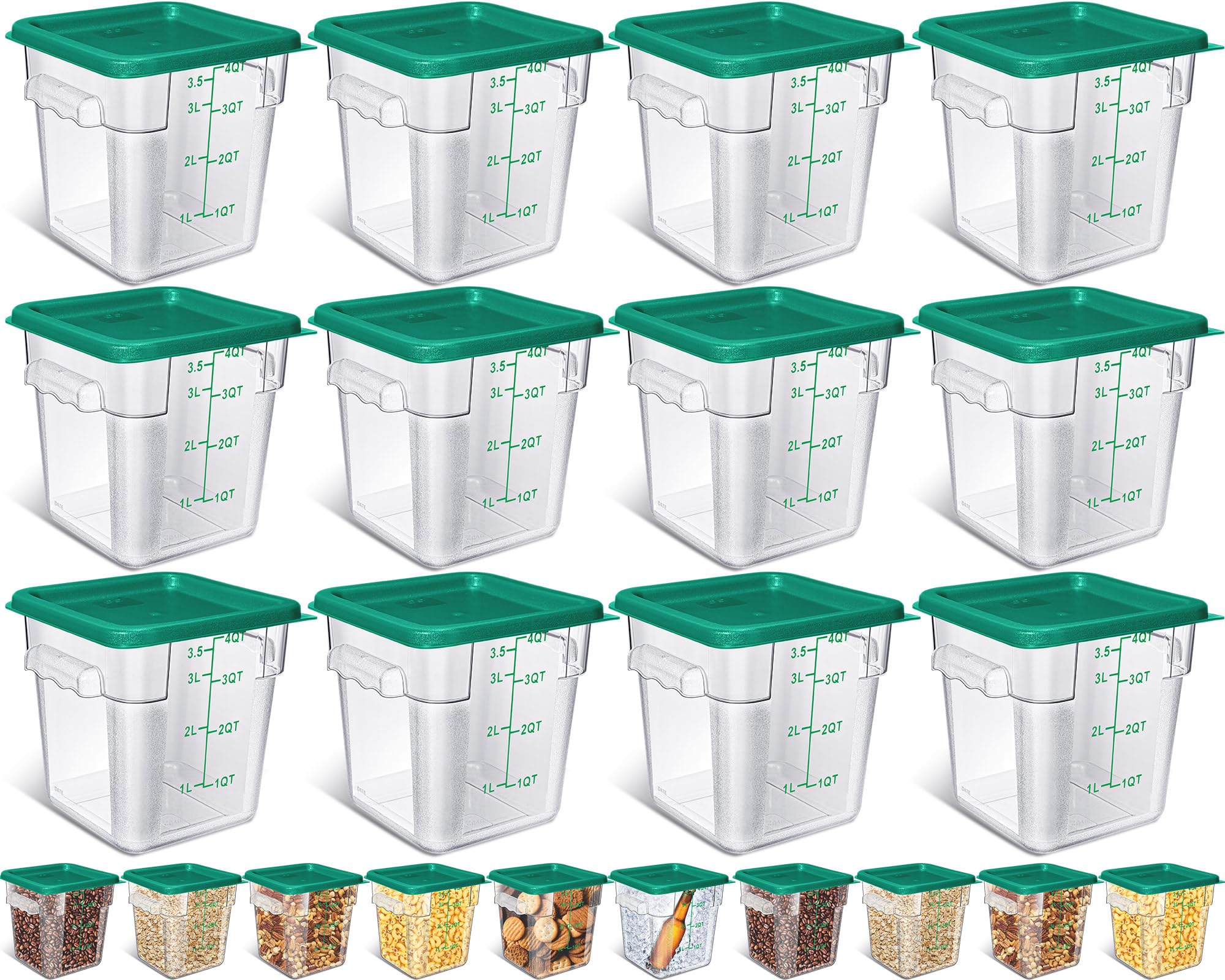 Yungyan 12 Pcs 4 Qt Commercial Food Storage Containers with Lids Restaurant Square Airtight Food Storage Containers Clear Cereal Containers for Kitchen Freezer Dishwasher Pantry(Green Lid)