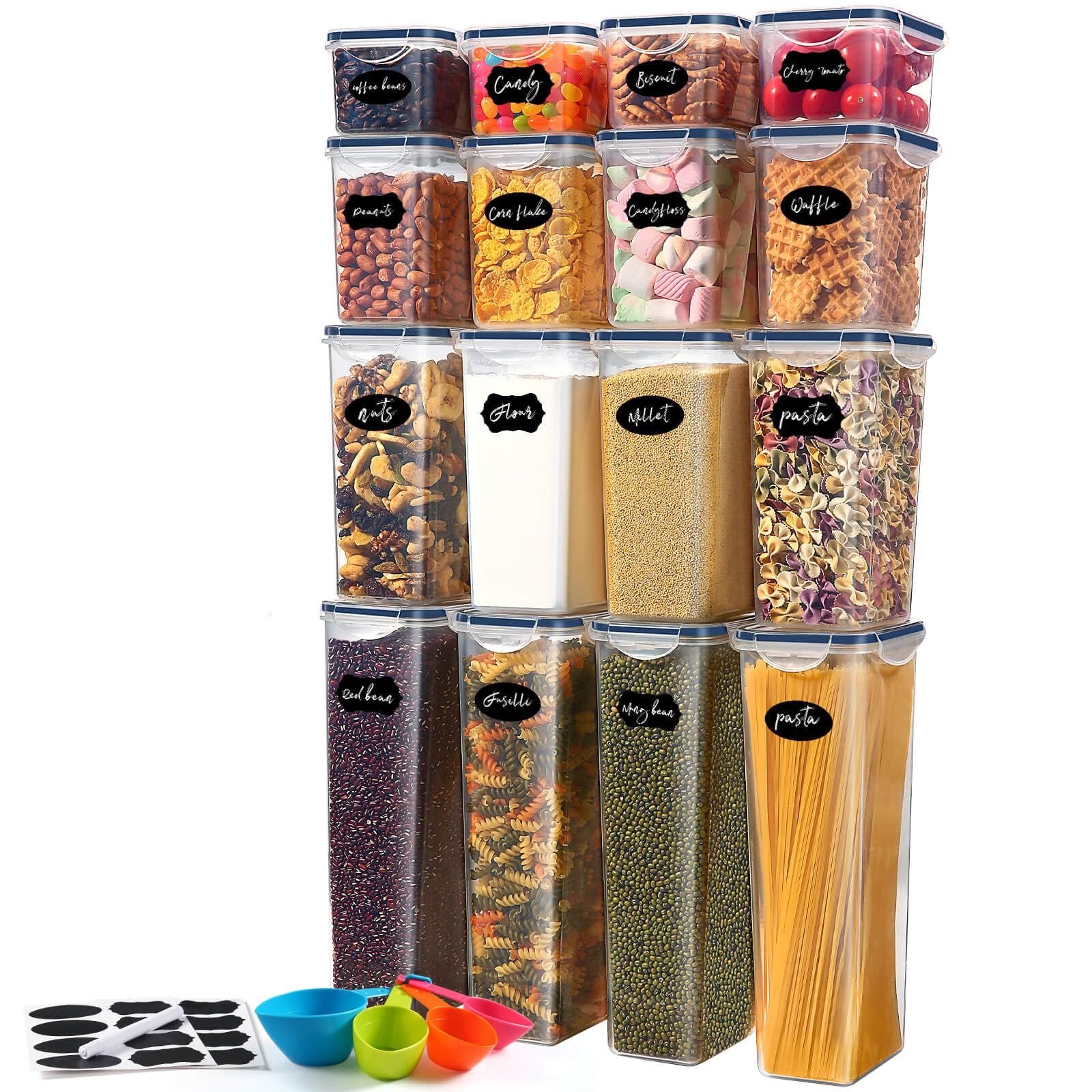 YASHE Airtight Pantry Storage Containers Set of 16, BPA Free Plastic Food Storage for Cereal, Pasta and Snacks, Stackable Kitchen Organizer with Labels, Marker & Measuring Cups