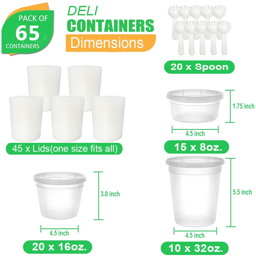 [65 Sets, 3 Sizes] Food Storage Containers with Lids, 8oz, 16oz, 32oz Plastic Deli Containers with Airtight Lids and Spoons, BPA Free, Stackable, Leakproof, Microwave | Dishwasher | Freezer Safe