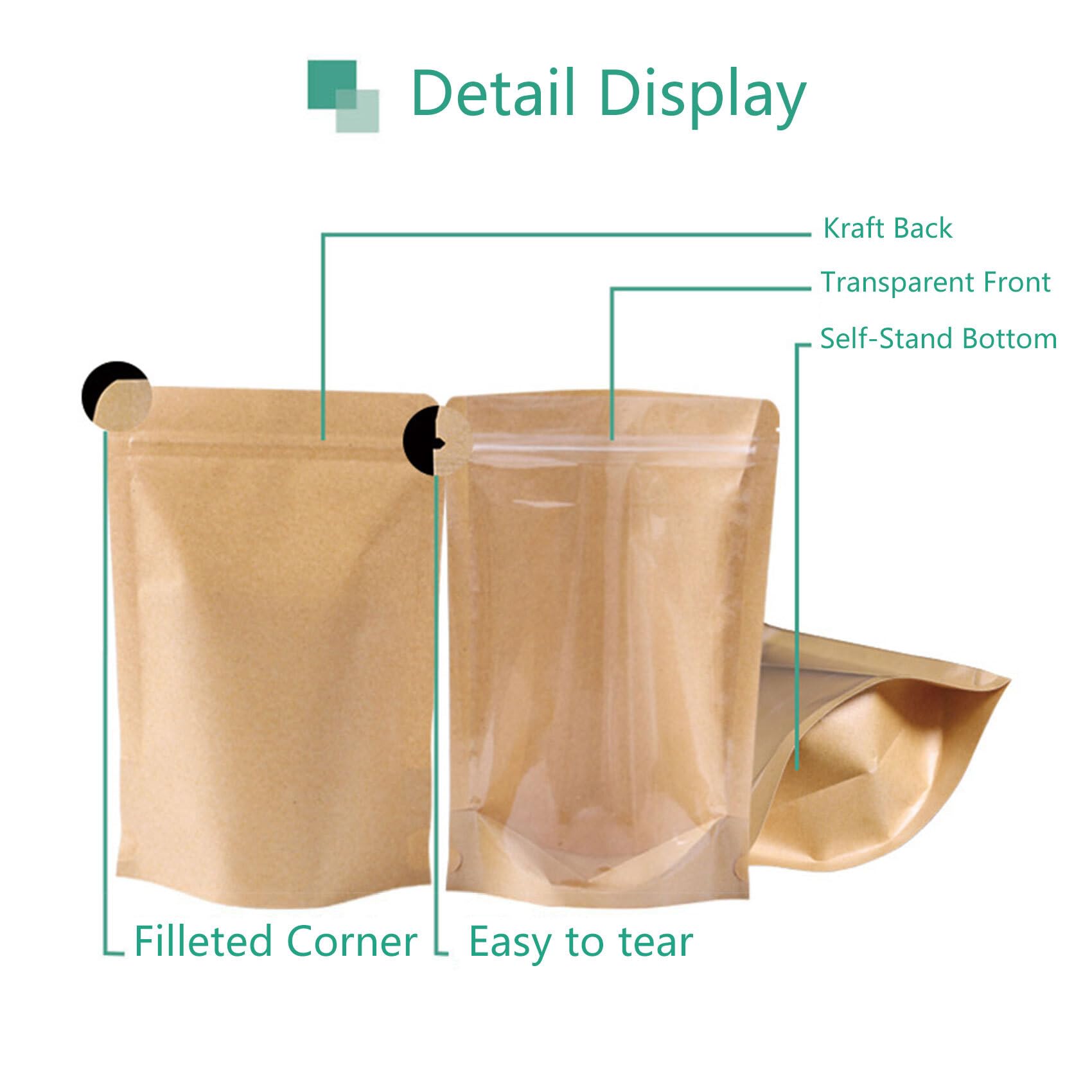 50pcs Kraft Bags With Window Clear Fornt Pouches Resealable Stand Up Zip Lock Food Storage Bags Brown 10"x14"