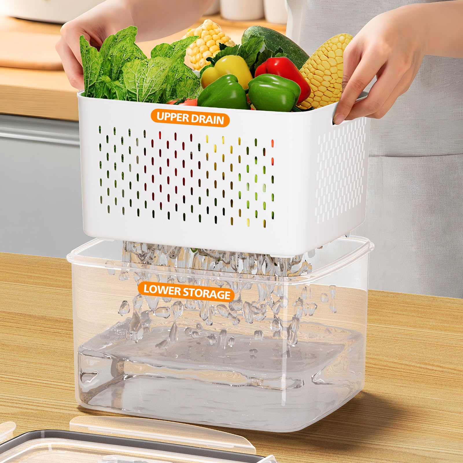 JSCARES 4-Pack Fruit-Storage-Containers for Fridge with Colander, Airtight Food Storage Containers with Lids & Handle, Produce Storage Bins Set for Refrigerator for Salad Berry Lettuce Vegetables Meat