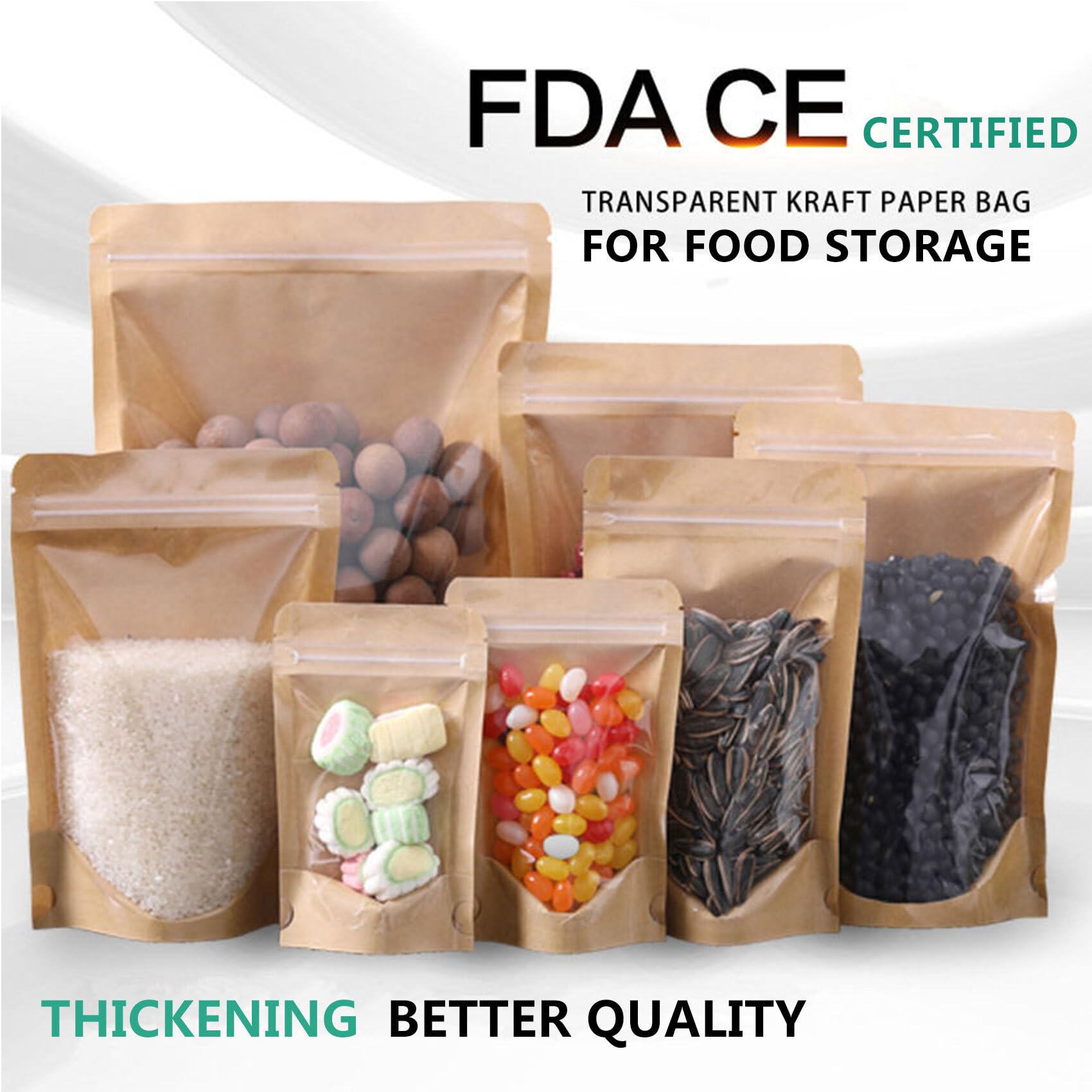 50pcs Kraft Bags With Window Clear Fornt Pouches Resealable Stand Up Zip Lock Food Storage Bags Brown 10"x14"